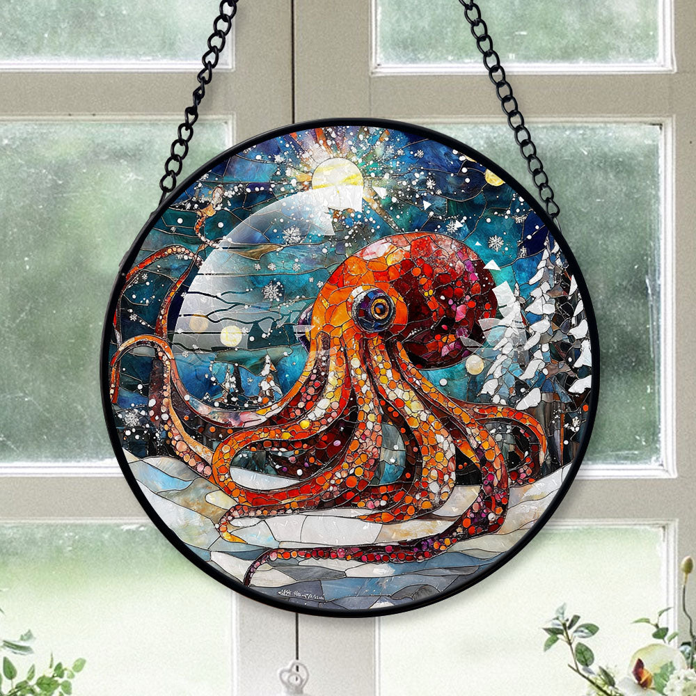 Squid Ornament Christmas 2025, Squid Stained Glass Hanging Window Art ...