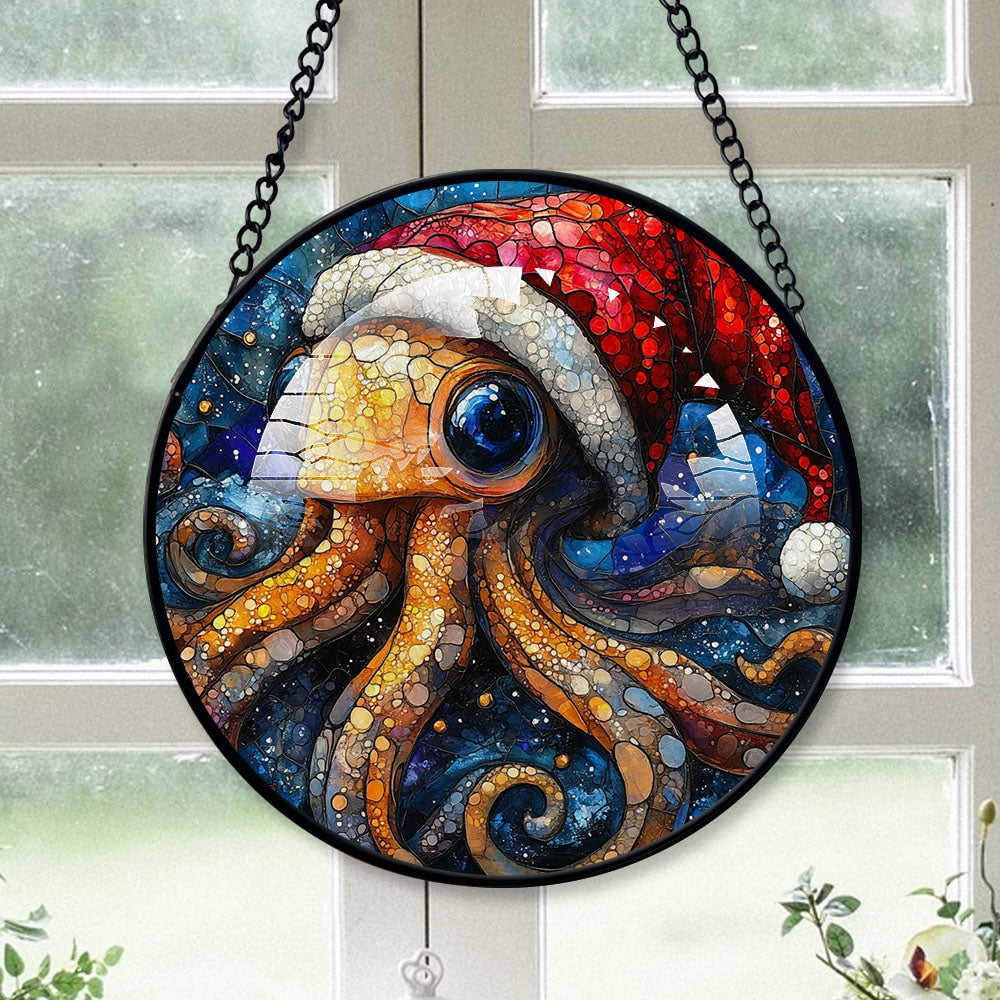 Squid Ornament Christmas 2025, Squid Stained Glass Hanging Window ...