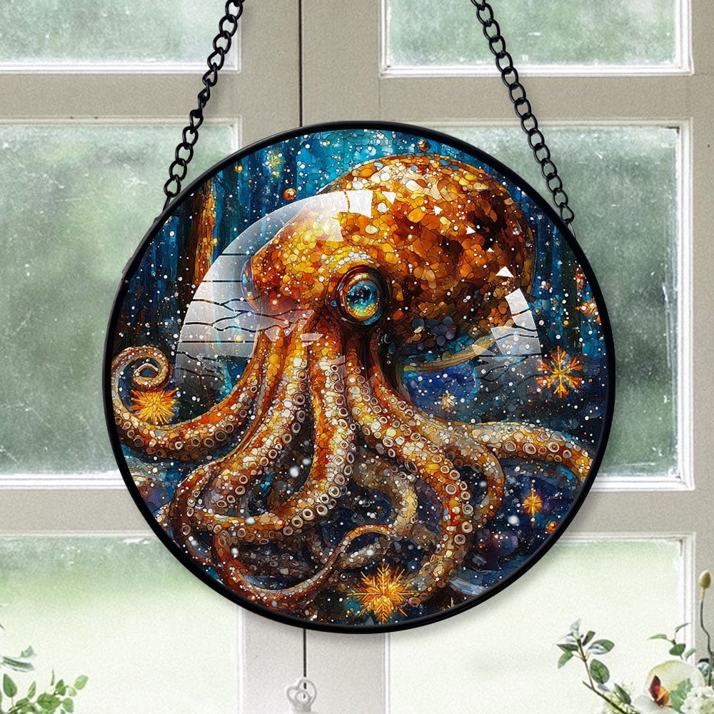 Squid Ornament Christmas 2025, Squid Stained Glass Window Hanging ...