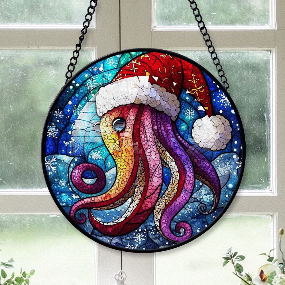 Squid Ornament Christmas 2025, Squid Stained Glass Window Hanging ...