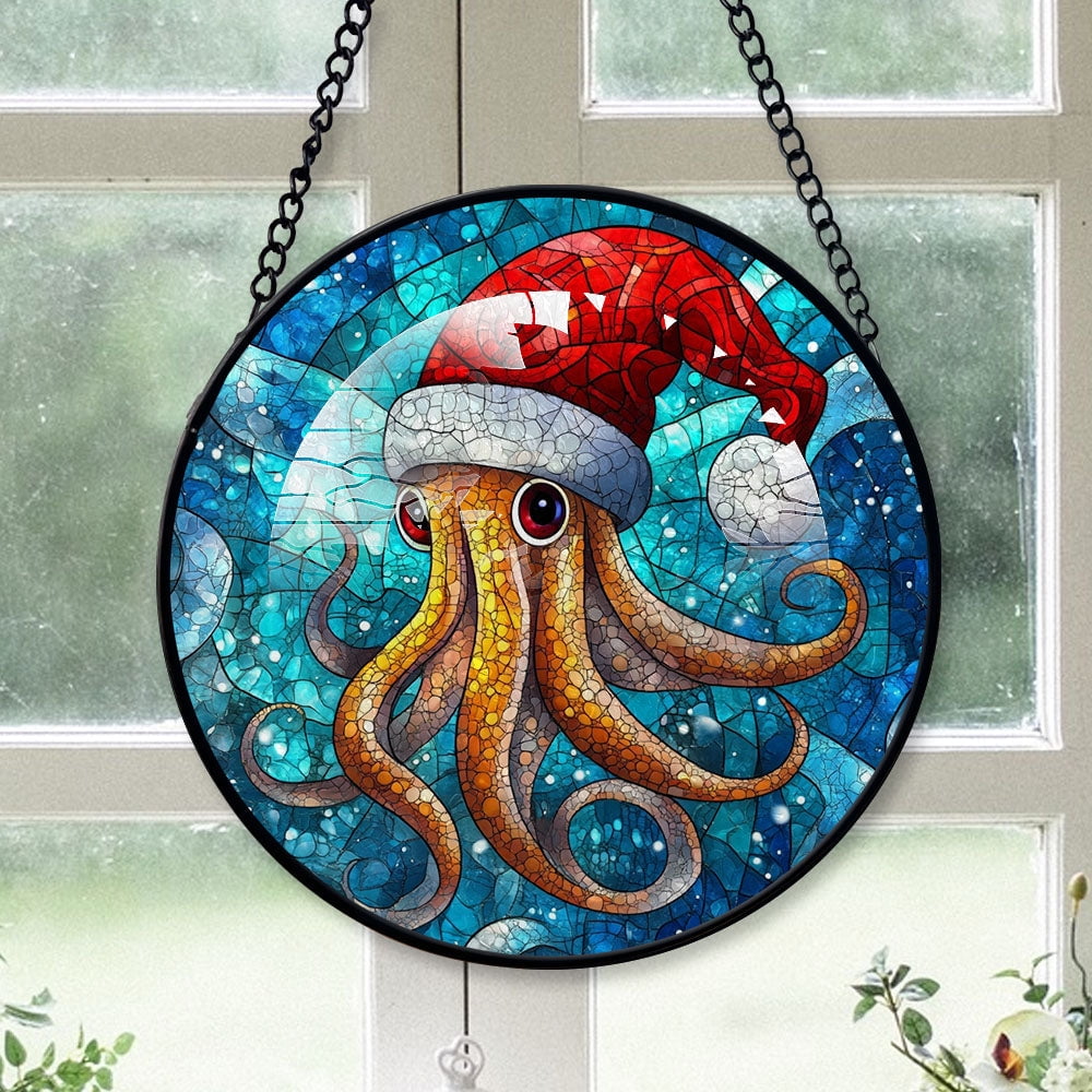 Squid Ornament Christmas 2025, Squid Stained Glass Window Hanging ...