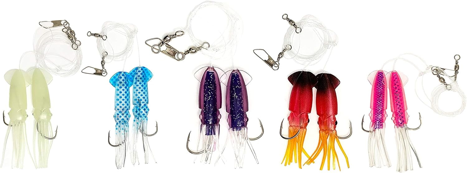 Squid Rigs, Rock Cod Saltwater Fishing Lures, 15 Pcs 5 Colors Rigged, for Bottom Fishing & Deep ...