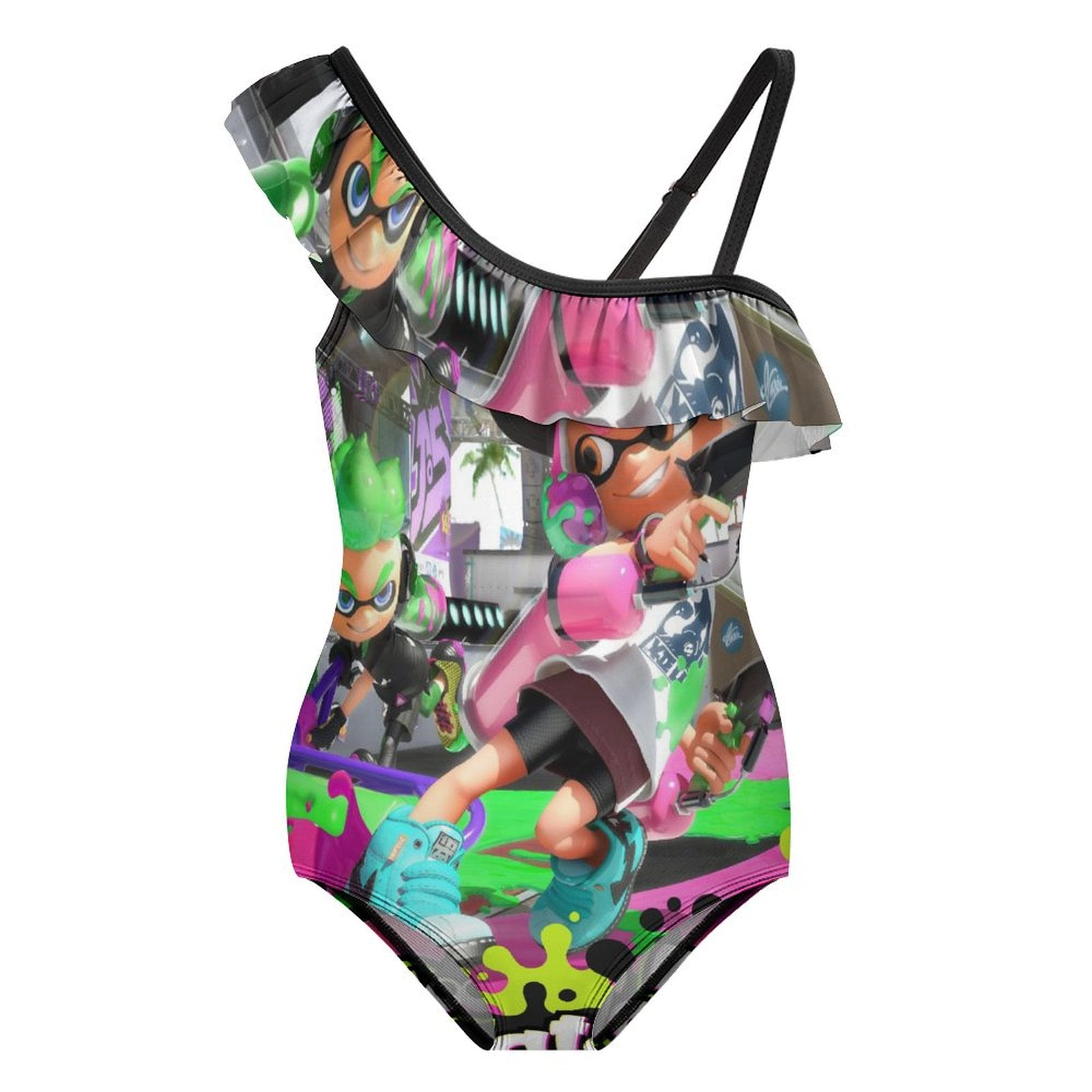 Squid Splatoon Cartoon Kids Swimsuit Swimwear Adjustable One Shoulder ...