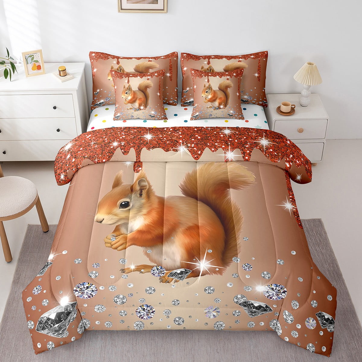 Squirrel Bed in a Bag Queen Comforter Set 7 Piece,Red Sequin Fluid Art ...