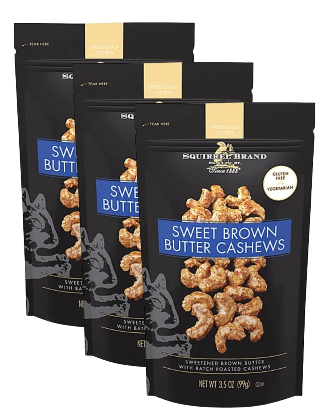 Squirrel Brand Sweet Brown Butter Cashews, 3.5oz, 3 Bags, Rich Buttery ...