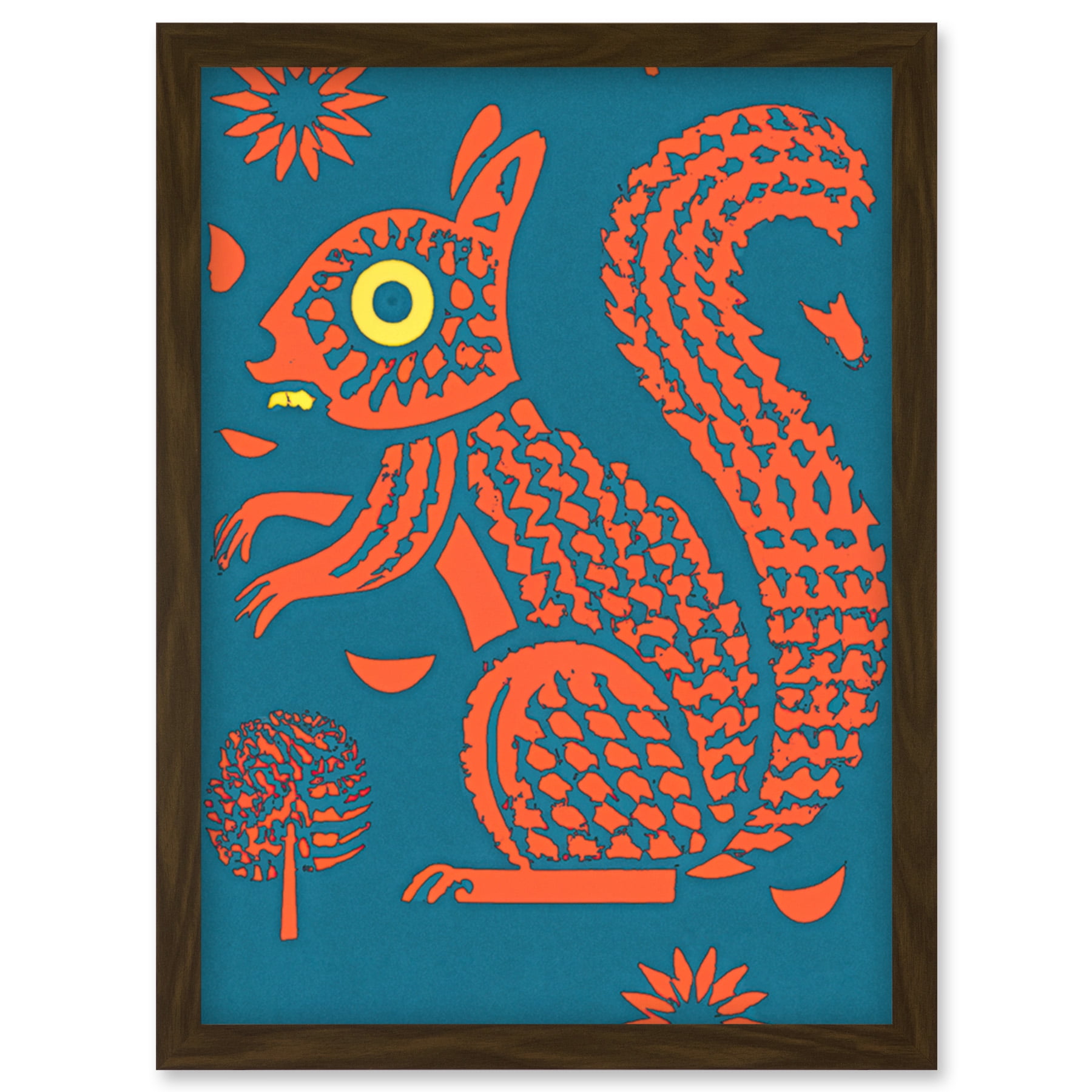 Squirrel Colour Block Modern Folk Art Linocut Artwork Framed Wall Art ...