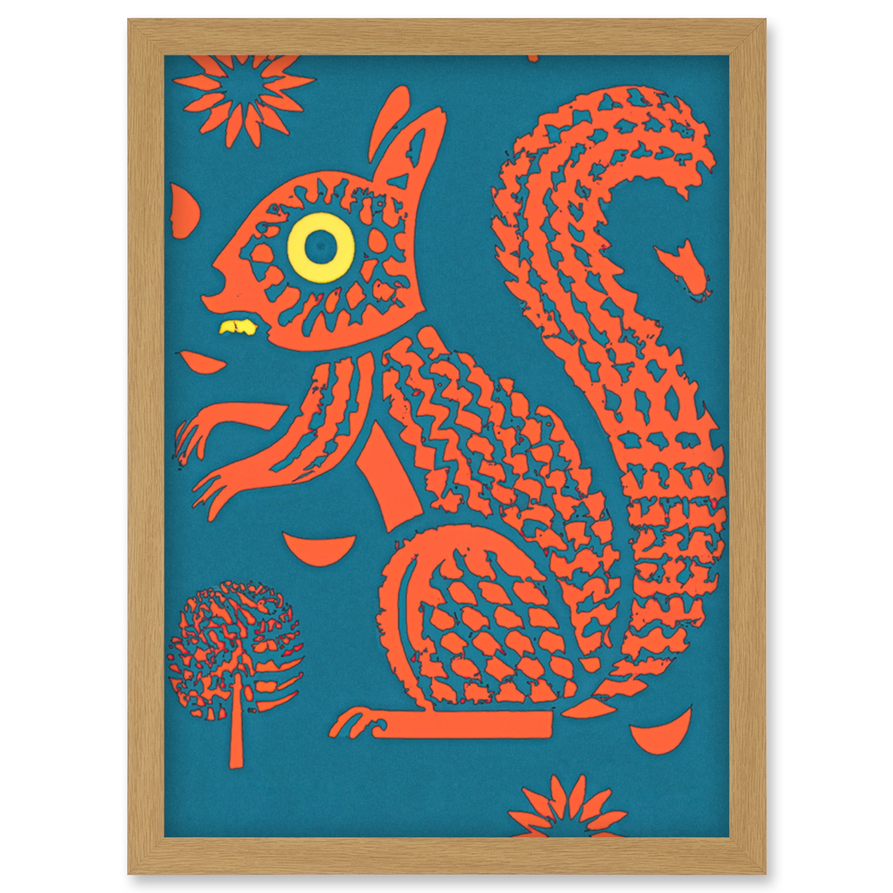 Squirrel Colour Block Modern Folk Art Linocut Artwork Framed Wall Art ...
