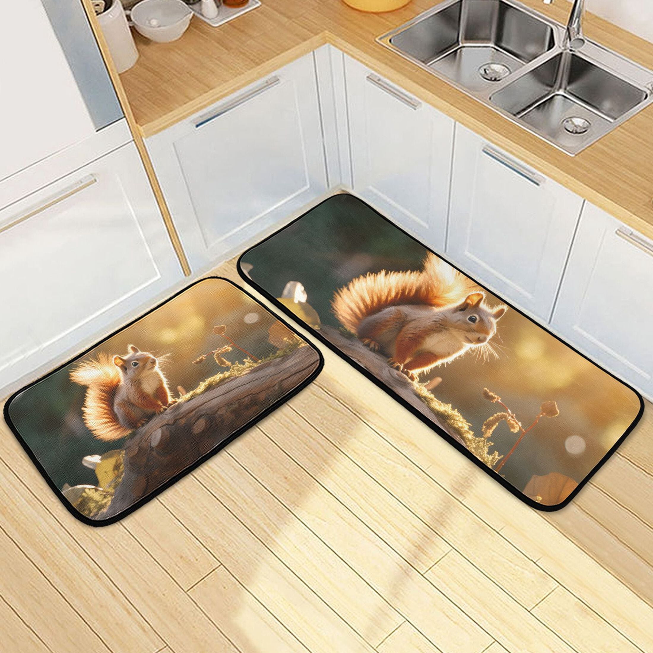 Squirrel Cute Kitchen Rugs Set of 2 Non Slip Floor Foam Mat Cushioned ...