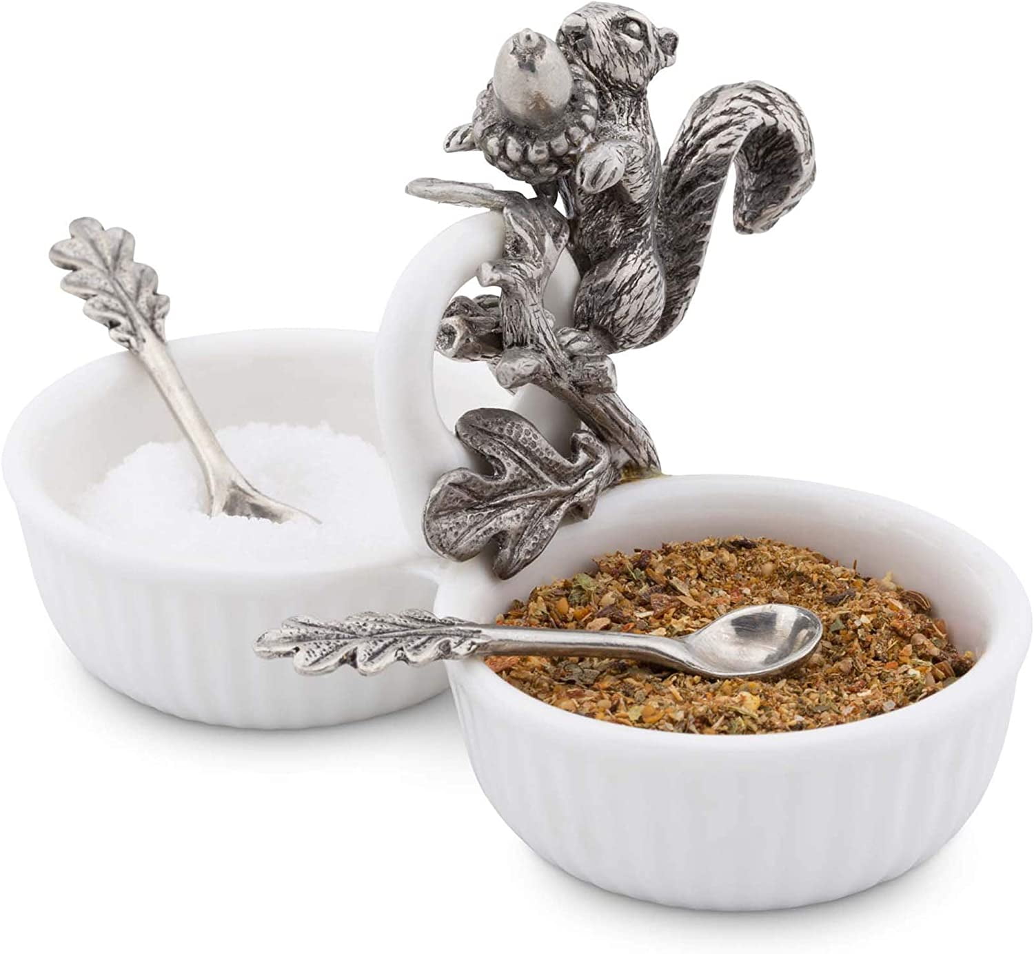 Squirrel Double Salt Cellar with Pewter Leaf Spoons percent spices or ...