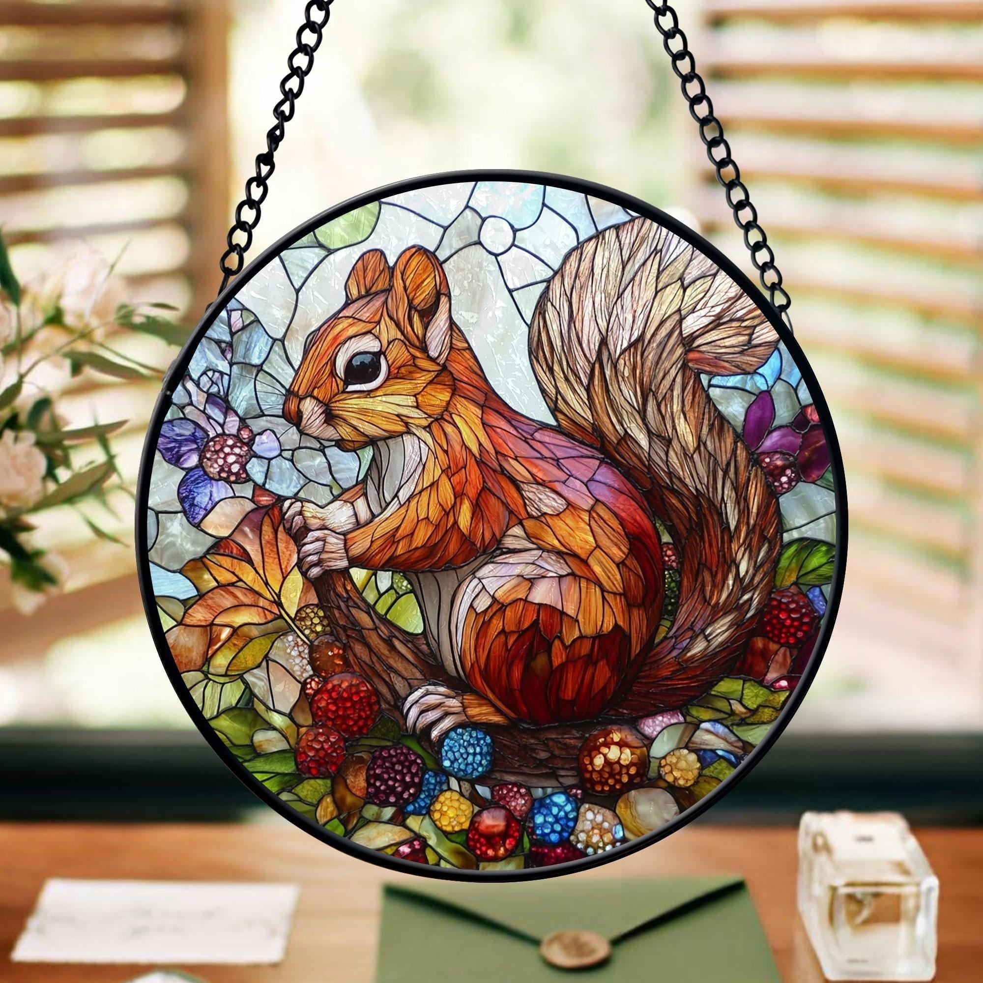 Squirrel Faux Glass Suncatcher, Squirrel Window Hanger, Nursery Decor ...