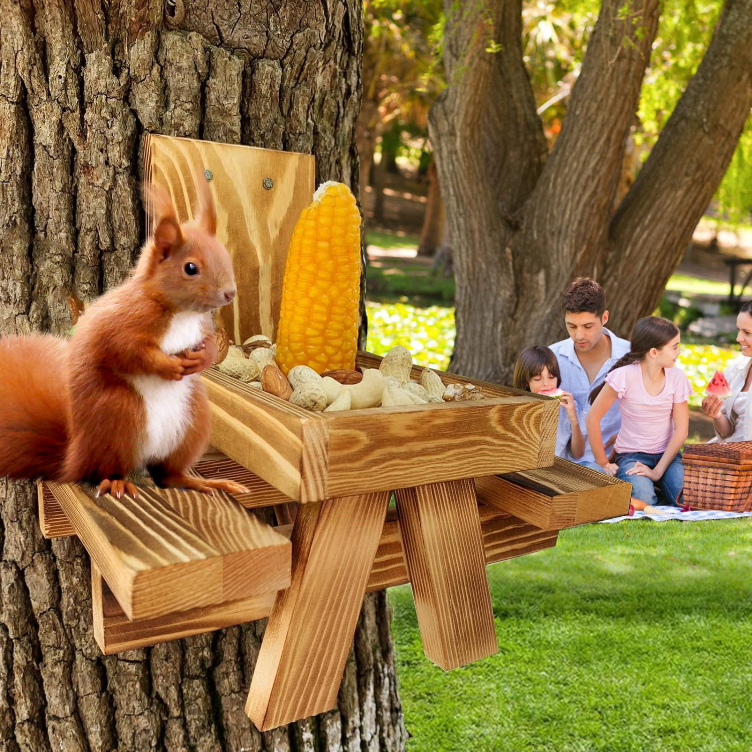 Squirrel Feeder Picnic Table with Tall Umbrella, Wooden Squirrel ...