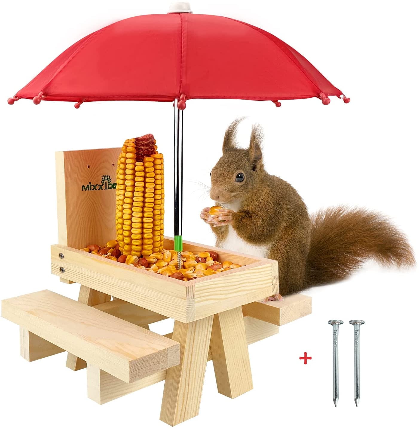 Outdoor Wooden Squirrel Feeder with Umbrella, Corn Cob Holder, Solid Structure, 2 Benches (1pk ...