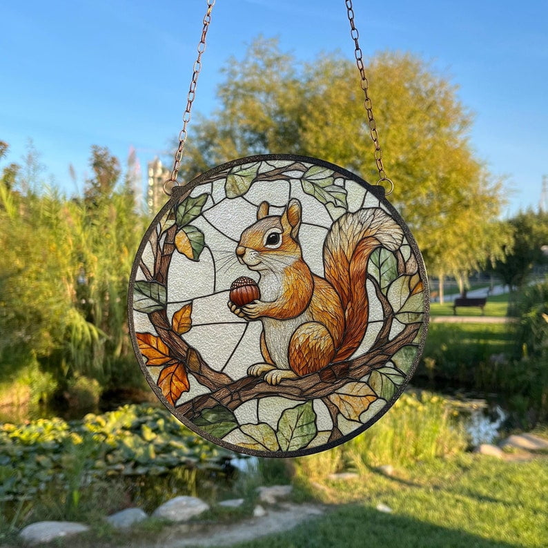 Squirrel Painted Stained Glass Suncatcher, Window Hanging Decor ...