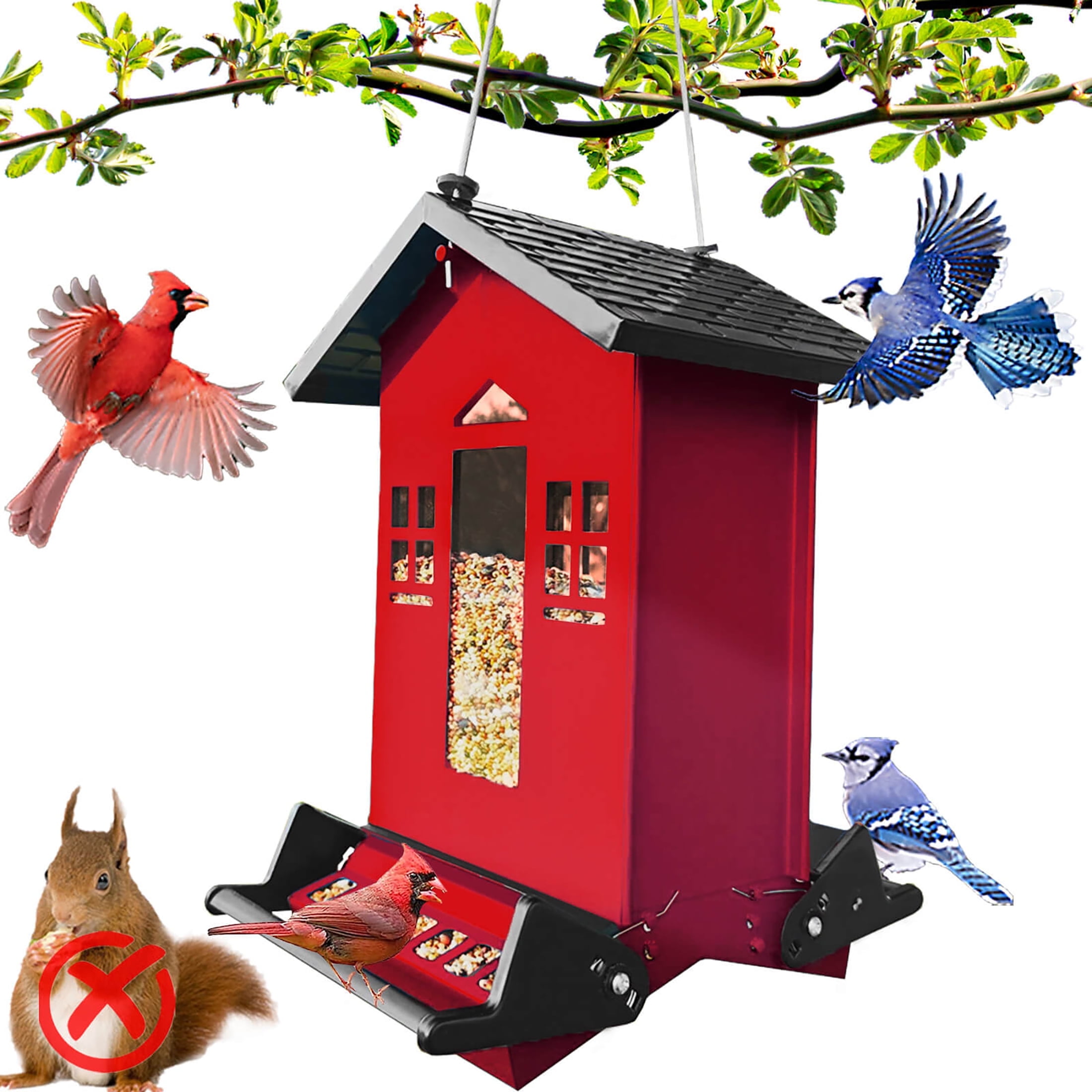 Free Shipping! Mental Bird Feeder - Squirrel Proof, Red Metal, 5lbs Large Seed Capacity For ...