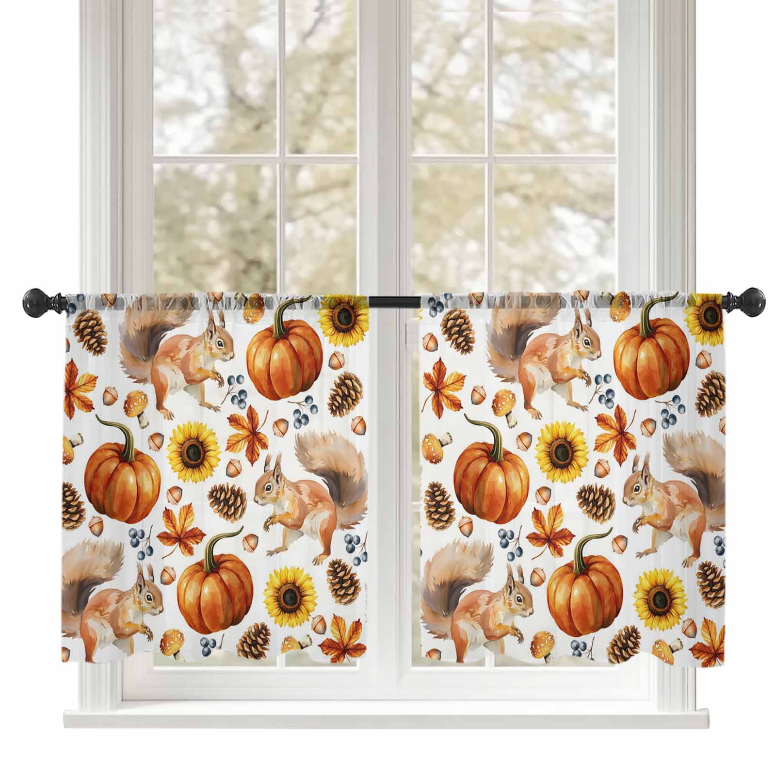 Squirrel Pumpkin Sheer Curtains 54 inches Long, Maple Leaf Sunflower ...