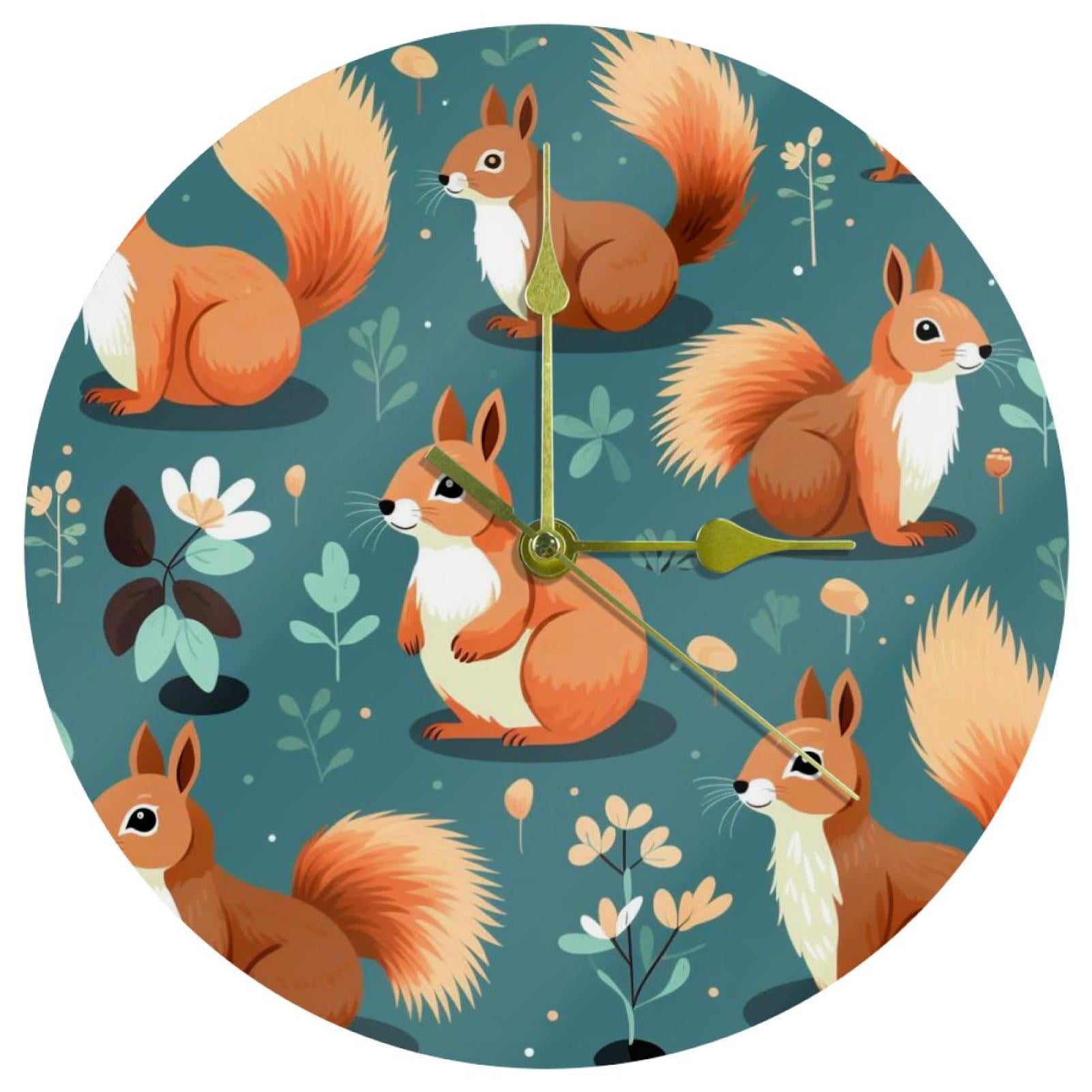 Squirrel Round Acrylic 9.8 Inches Silent Non Ticking Battery Powered Wall Clock for Kitchen ...