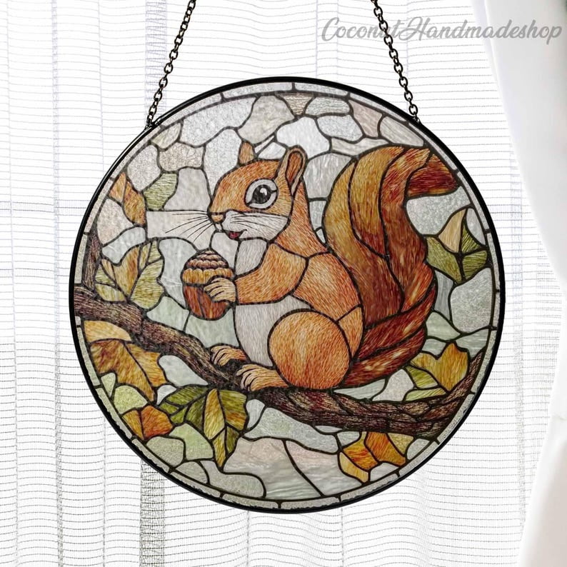 Squirrel Stained Glass Suncatcher, Window Hanging Decor, Squirrel Faux Glass Art, Window Hanging ...