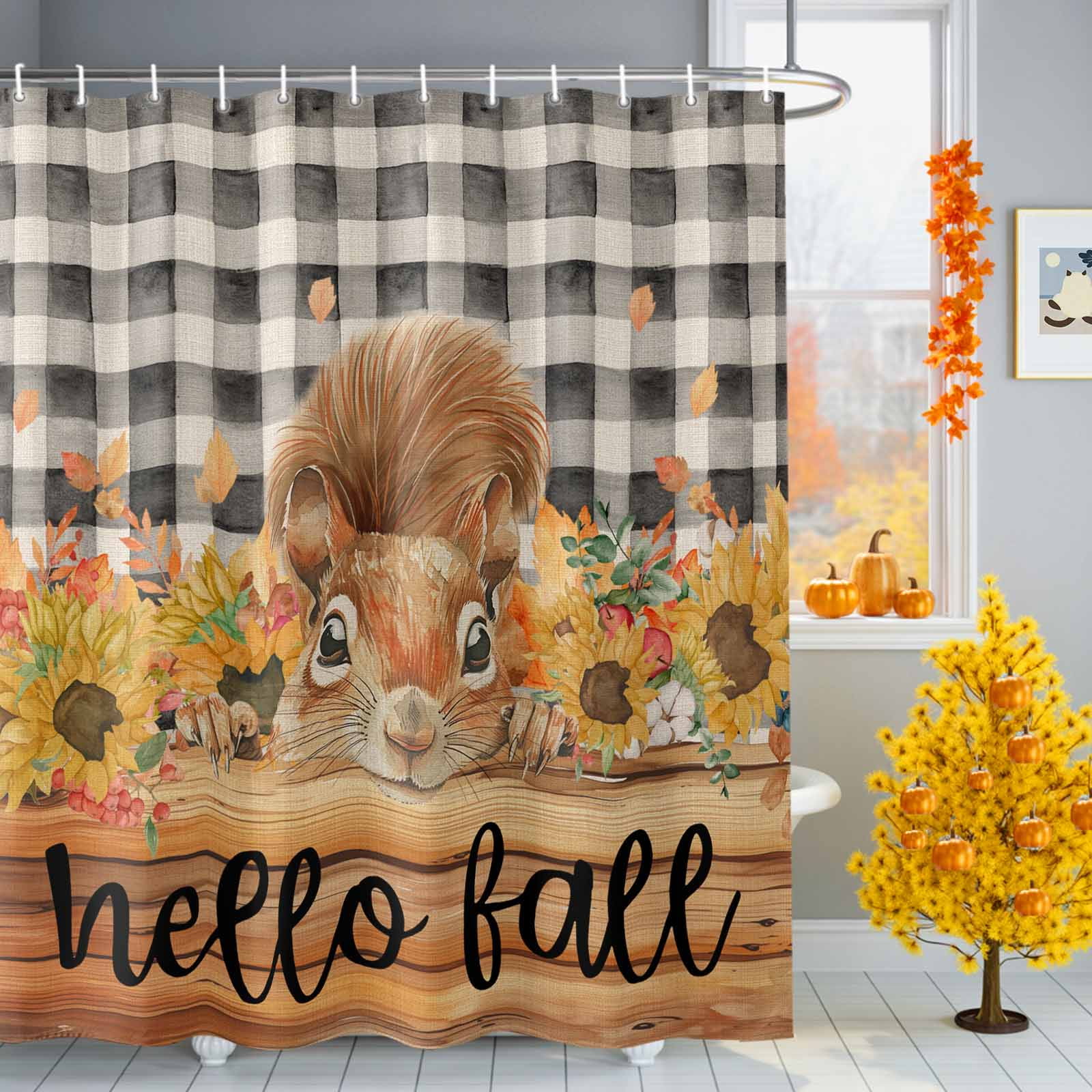 Squirrel Sunflower Autumn ThanksgivingBuffalo Check Retro Wooden ...