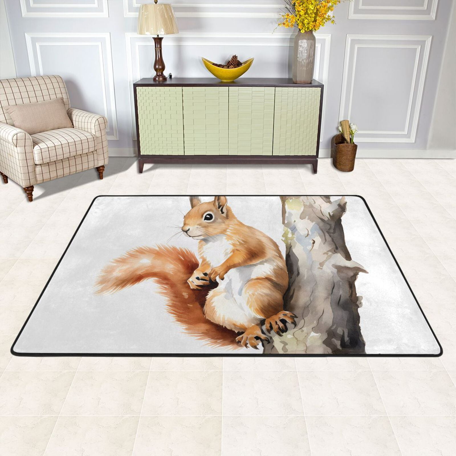 Squirrel Tree Wood Area Rug Washable 72 x 48 Floor Carpet Mat Non Slip ...