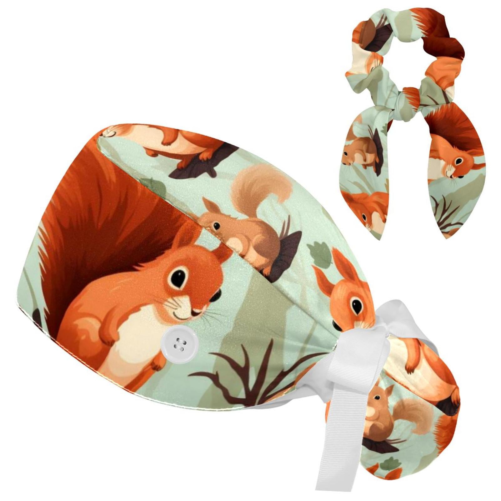 Squirrel Working Hat Adjustable Scrub Cap with Buttons and Bow Hair ...