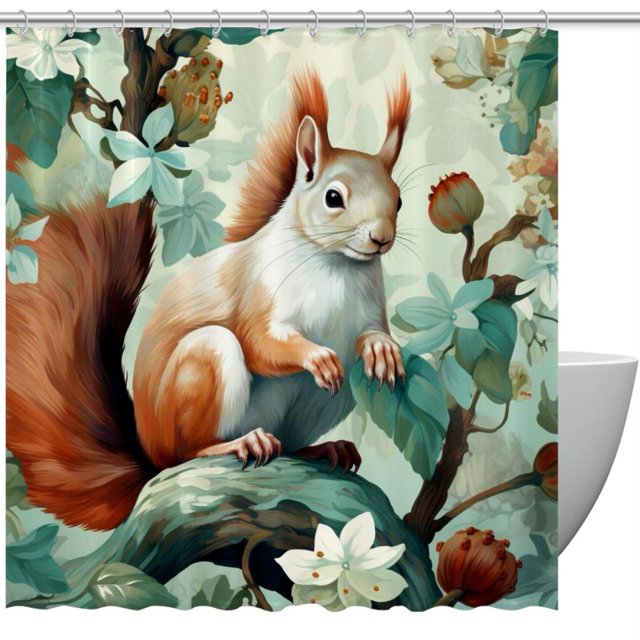 Squirrels on Green Branches Shower Curtain for Bathroom, Aesthetics Patterns Curtain Bathroom ...