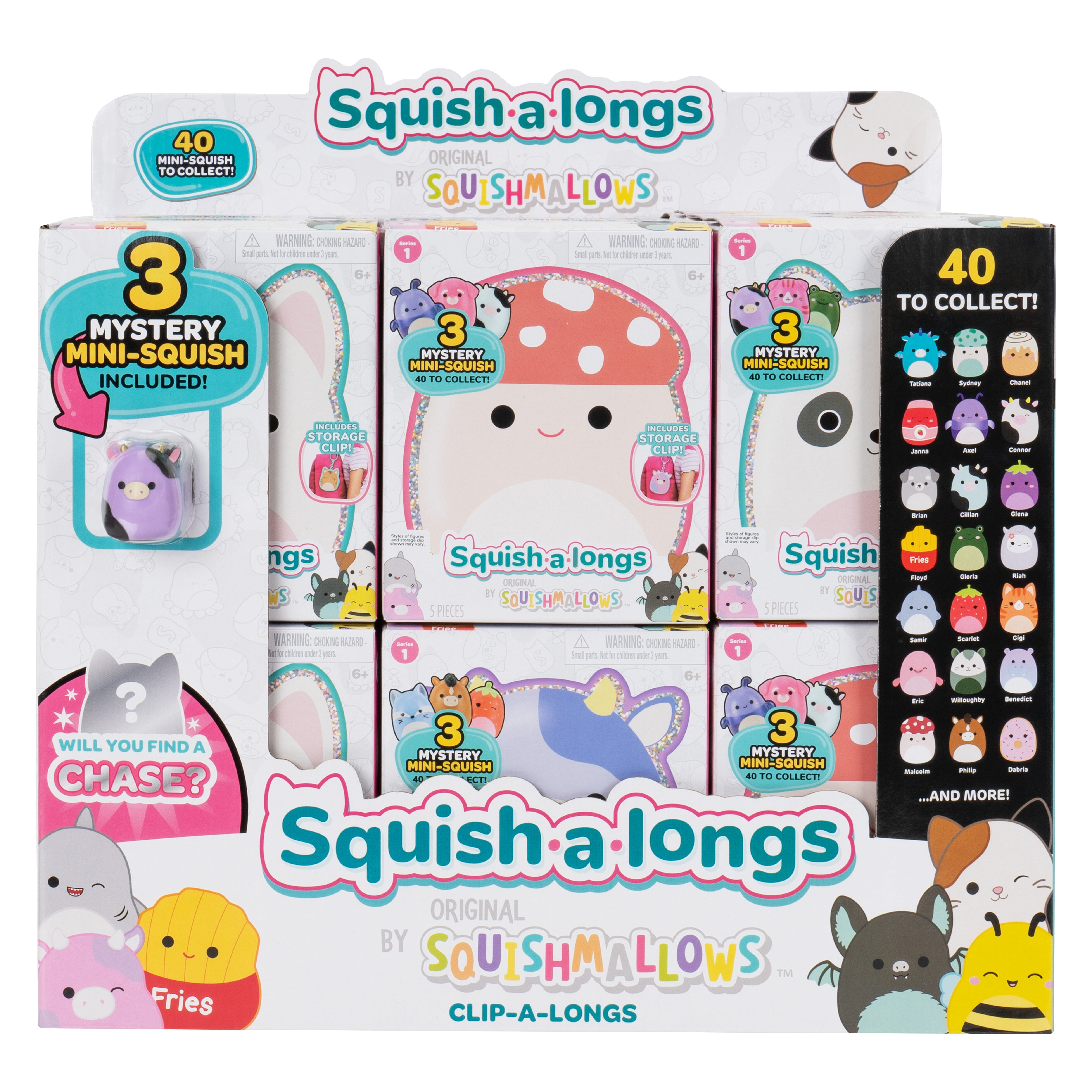 Squish-a-longs Clip & Go - (3) 1inch Mini-Squish, 1 Clip Case, 1 Ring ...
