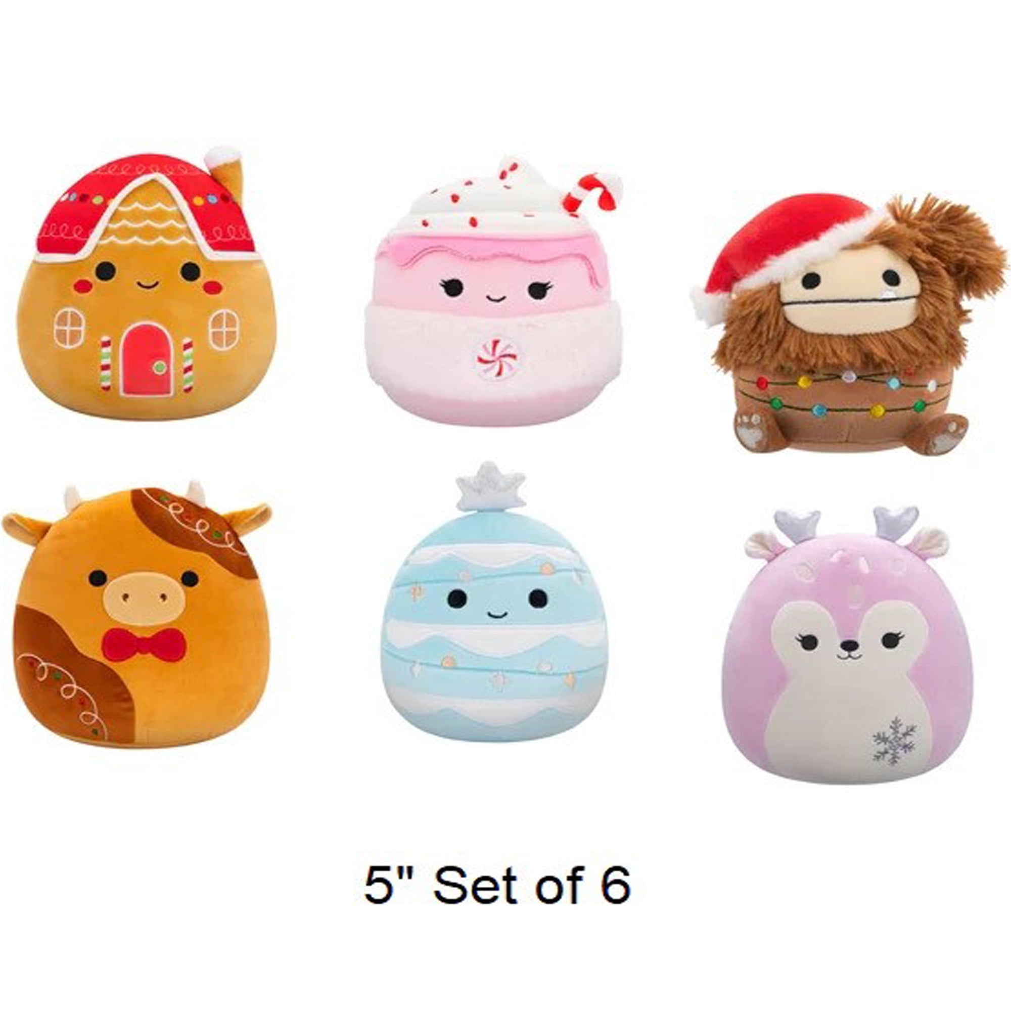 Squishmallows Christmas 5 inch Set of 6 Blue Tree, Gingerbread House ...