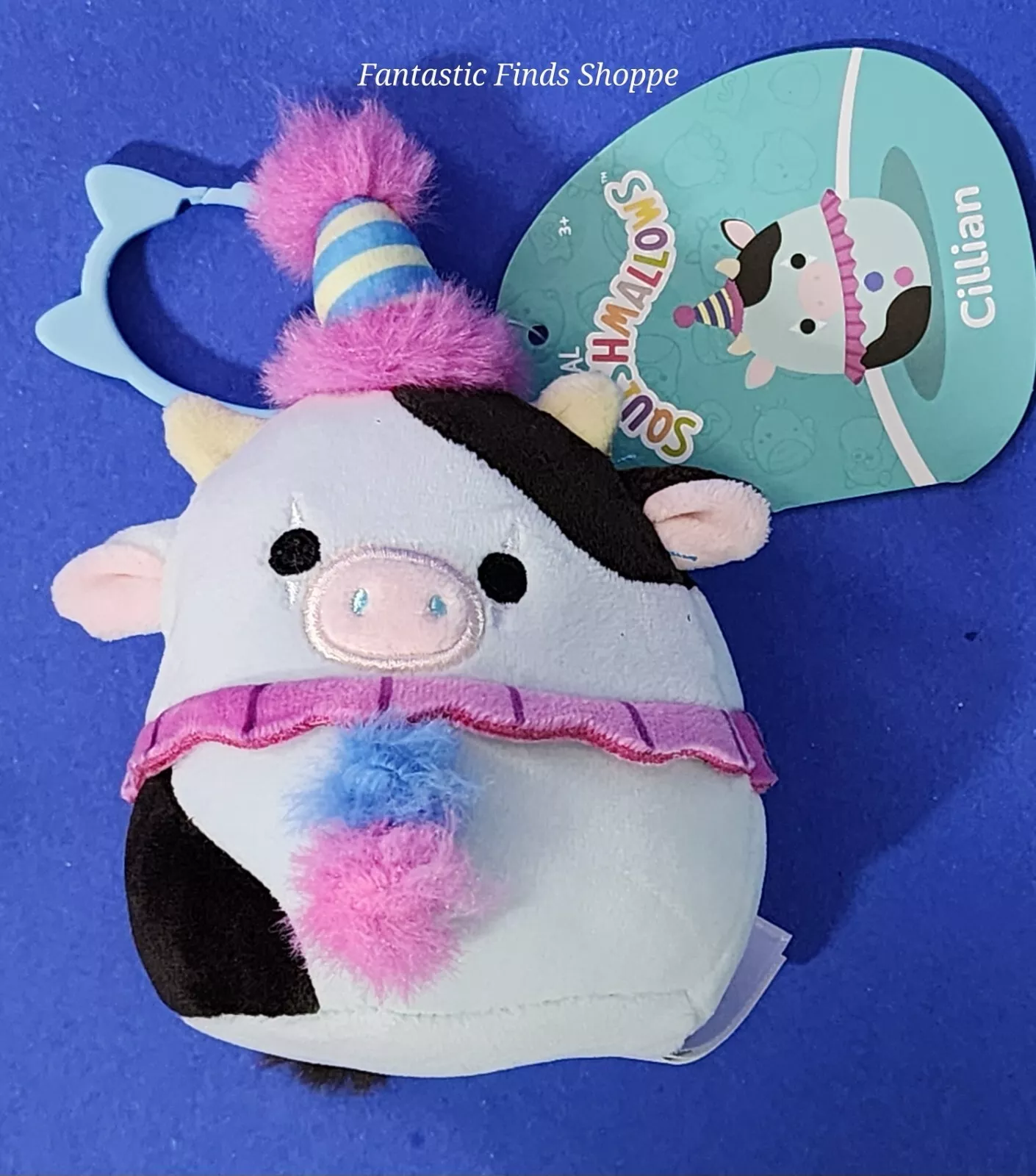 Squishmallows Epic Collection Cillian the Clown Cow 3" Clip-On Keychain ...