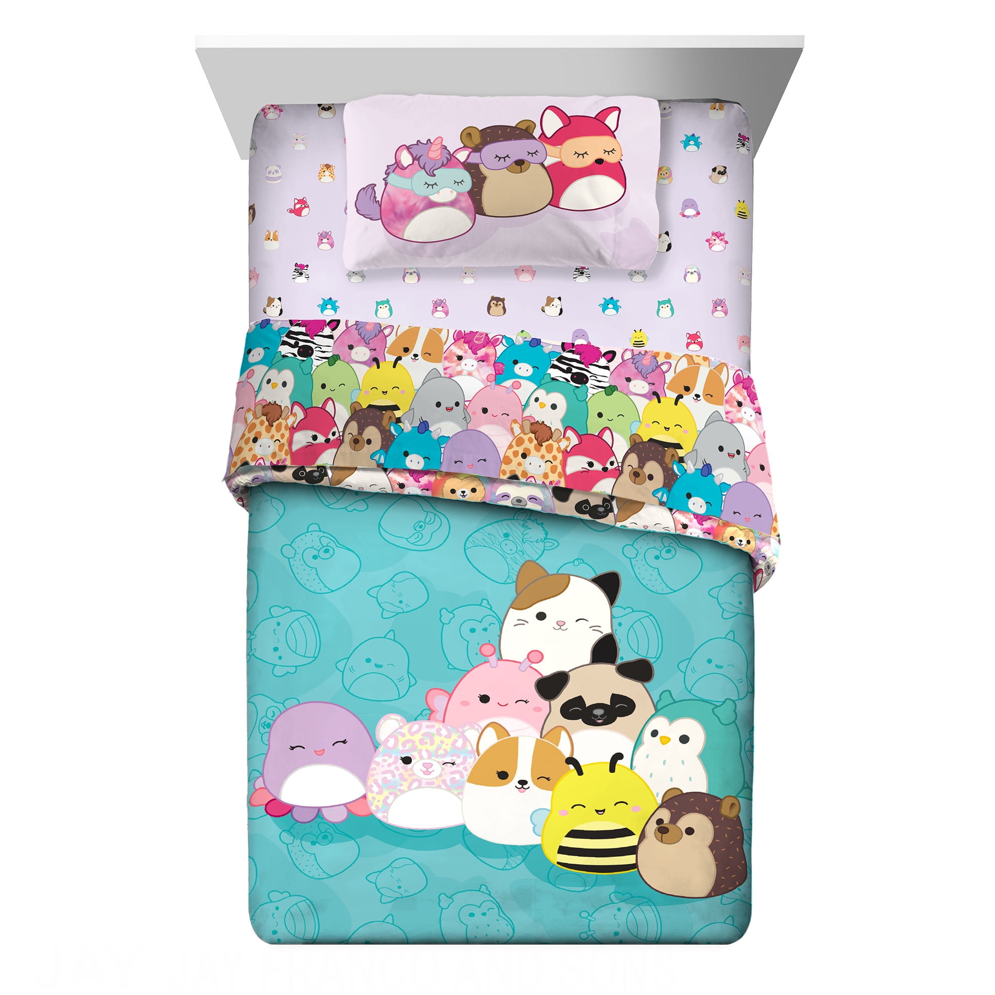 Squishmallows Kids 4 Piece Teal Purple Reversible Comforter, Bed in a ...