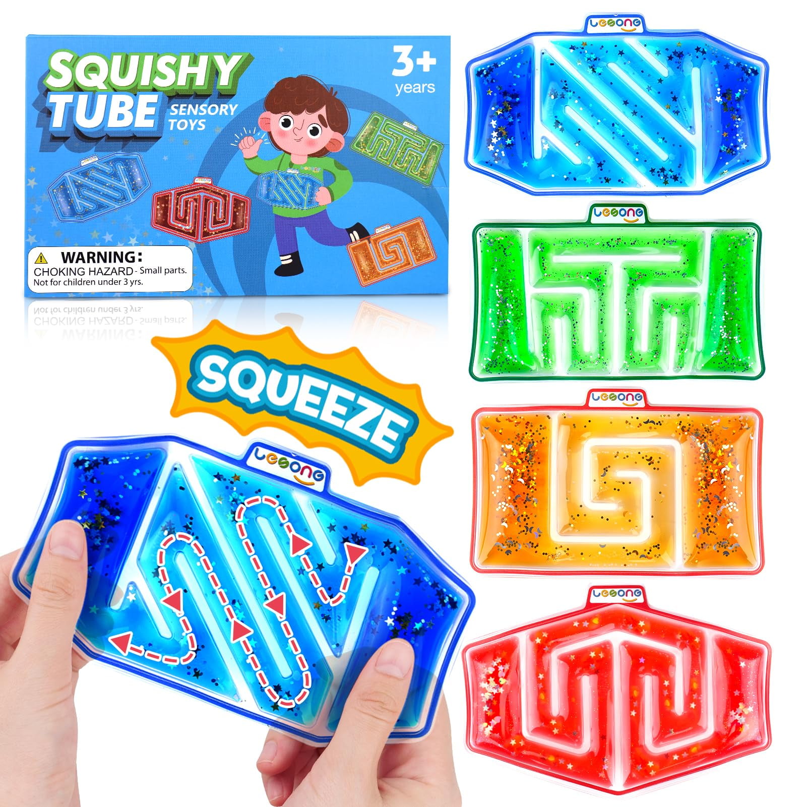 Squishy Tube Sensory Fidget Toys for Kids: 4 Sensory Toy Maze Filled with Colorful Goo, Glitter ...