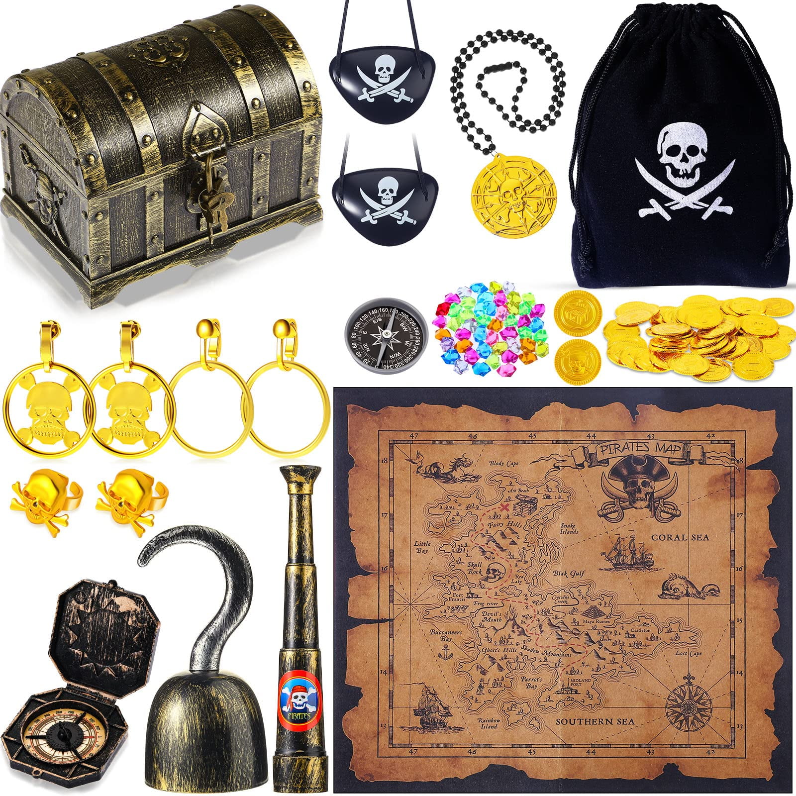 Sratte 116 PcsITSC Pirate Treasure Toys, Treasure Box with Coins Jewels ...