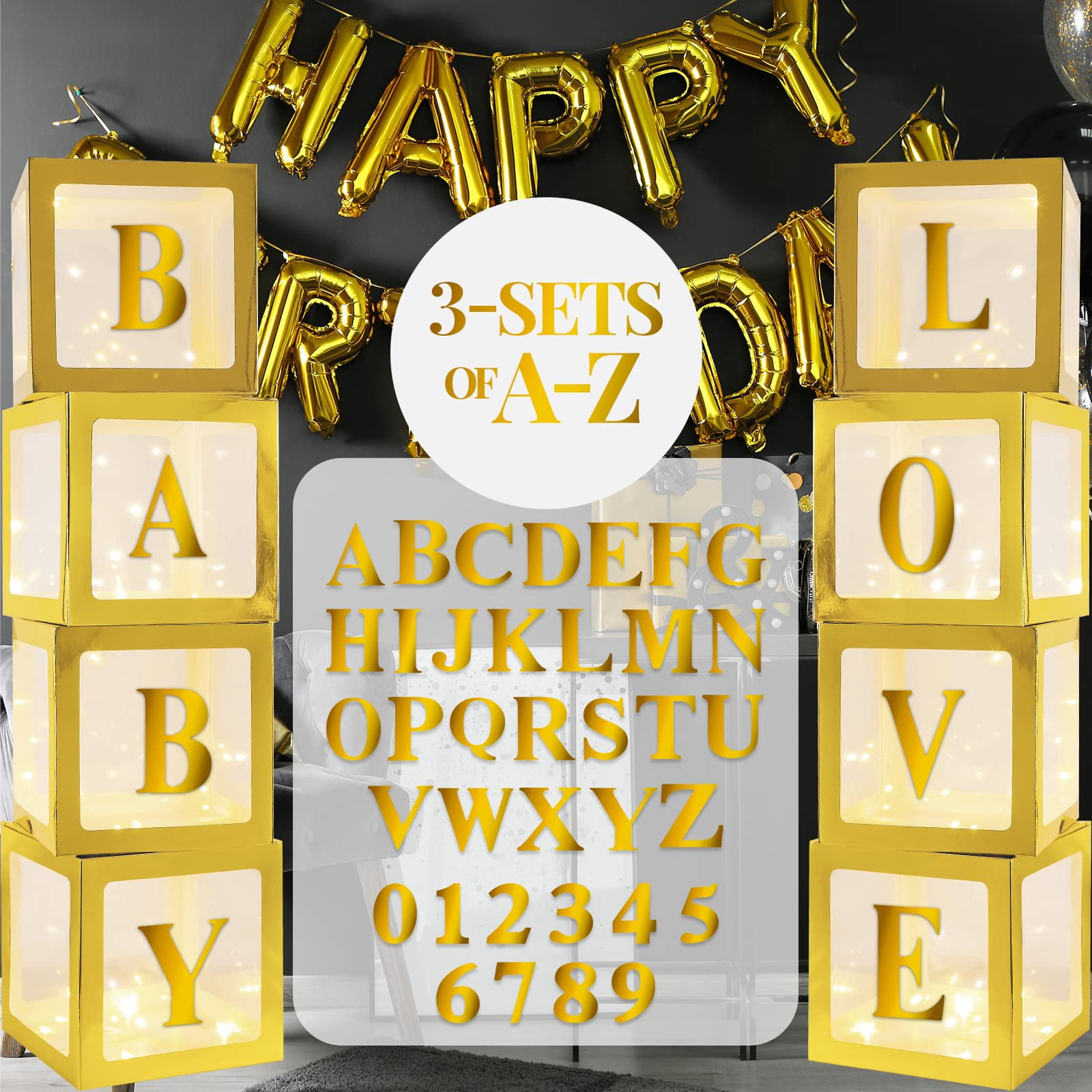 Sratte Balloon Box with Letters and Numbers Clear Blocks Boxes with LED ...