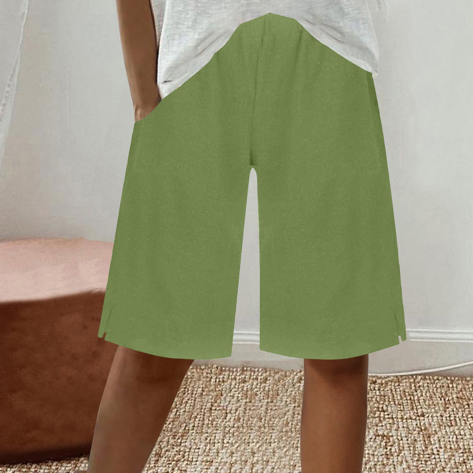 Sriper Cotton Linen Elastic Waist Shorts for Women,Knee Length Shorts ...