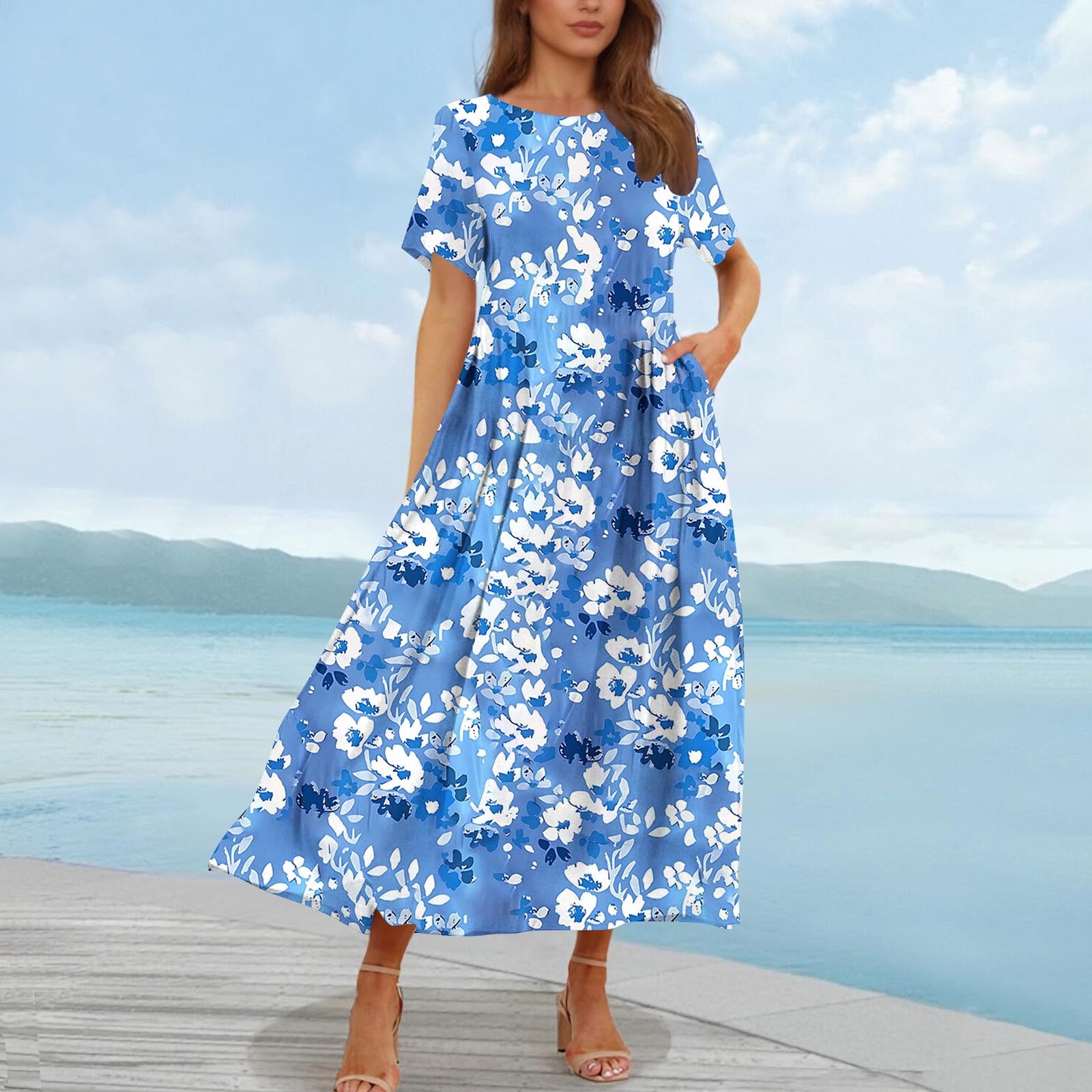 Sriper Short Sleeve Swing Dress Knee Length Pleated Flowy Dress With ...