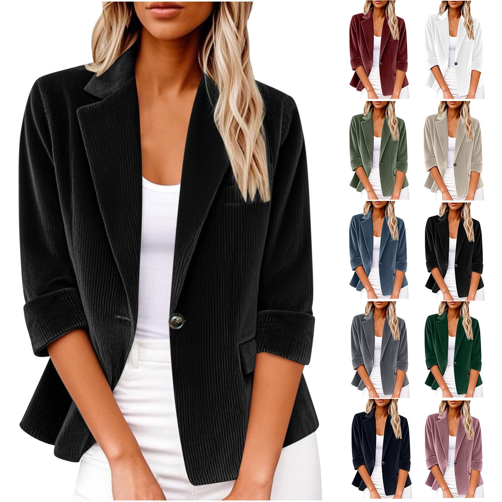 Sriper Women's Corduroy V Neck 3/4 Sleeve Blazer, Button Down Collared ...