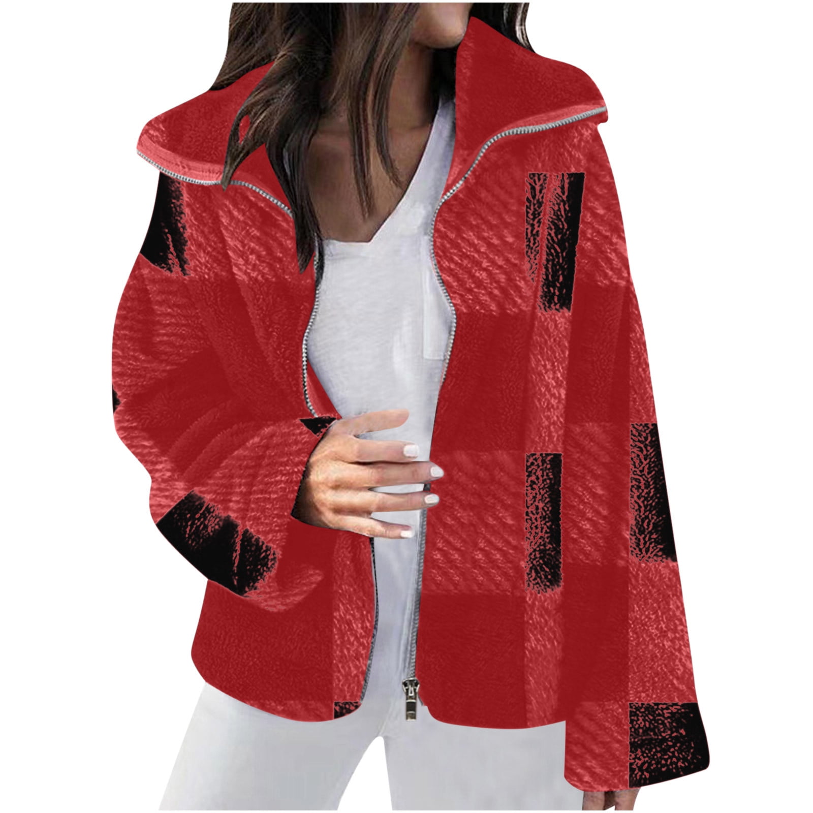 Sriper Womens Fleece Jacket Sherpa Lined Zip Up Plaid Flannel Coat Open ...
