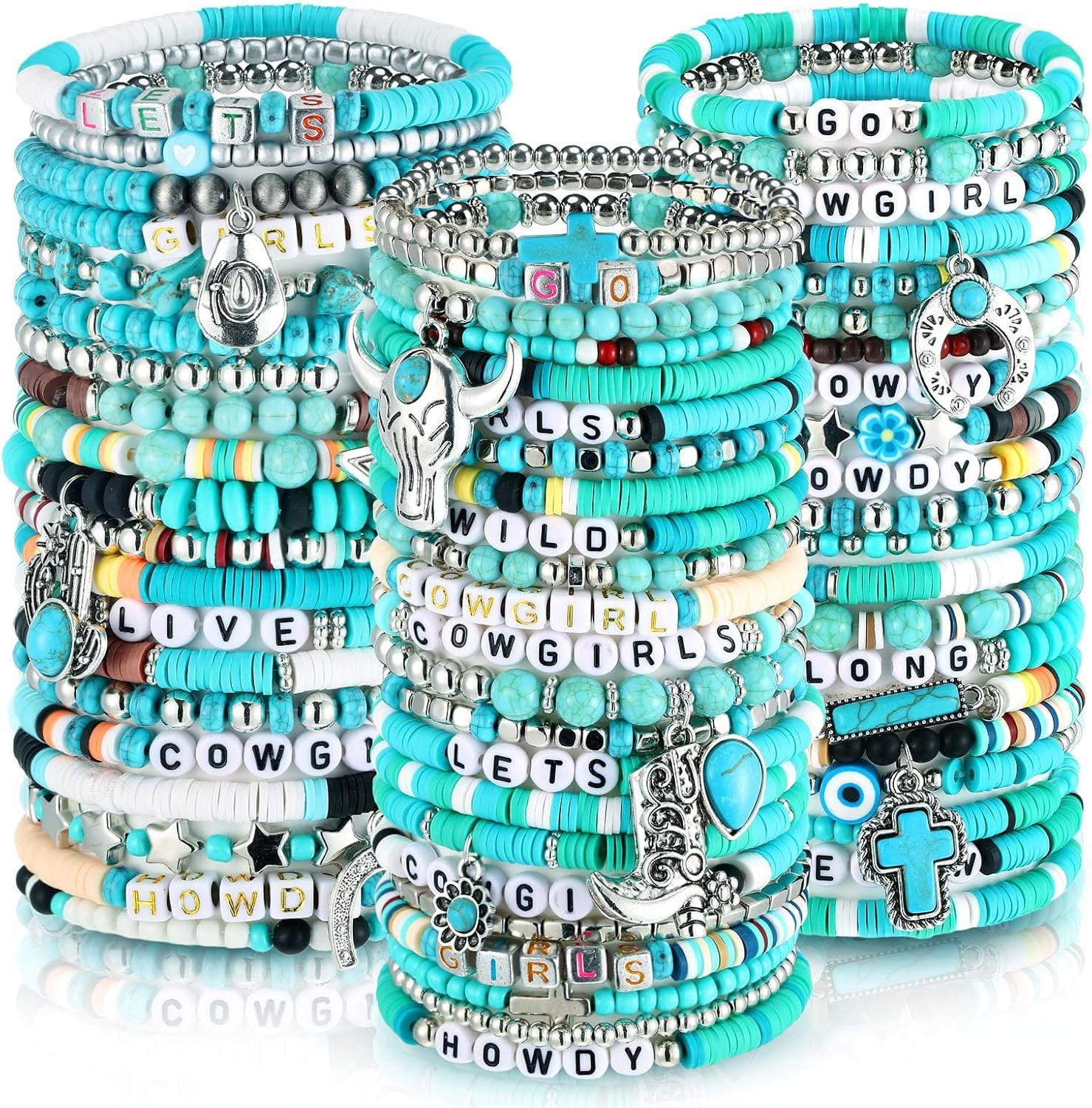 Srix 64 Pcs Turquoise Beaded Bracelets Western Cowgirl Set Heishi Stretch Charm Bohemia Natural ...