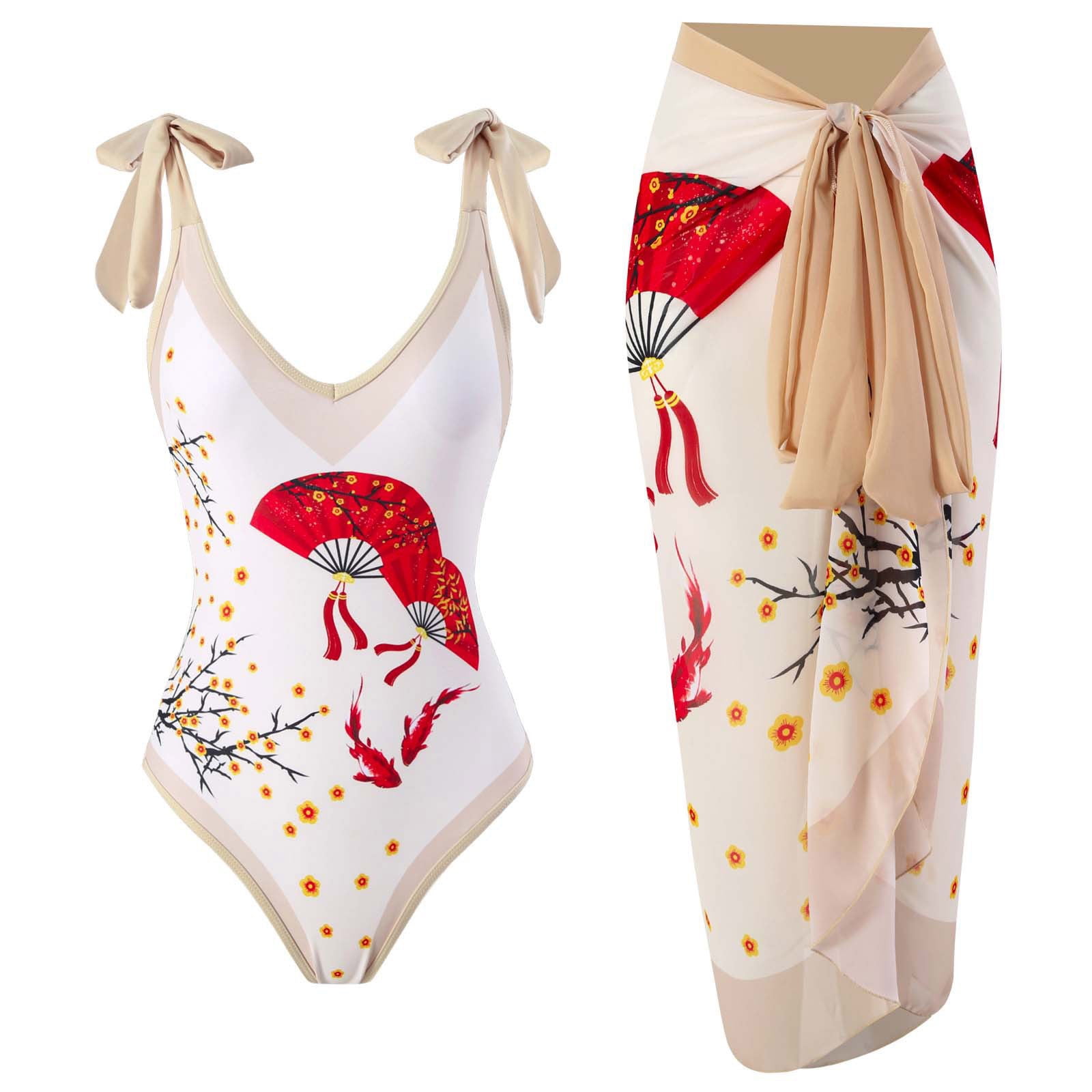 Srogem Women One-Piece Swimsuit with Cover up Wrap Skirt Sarong Bathing ...