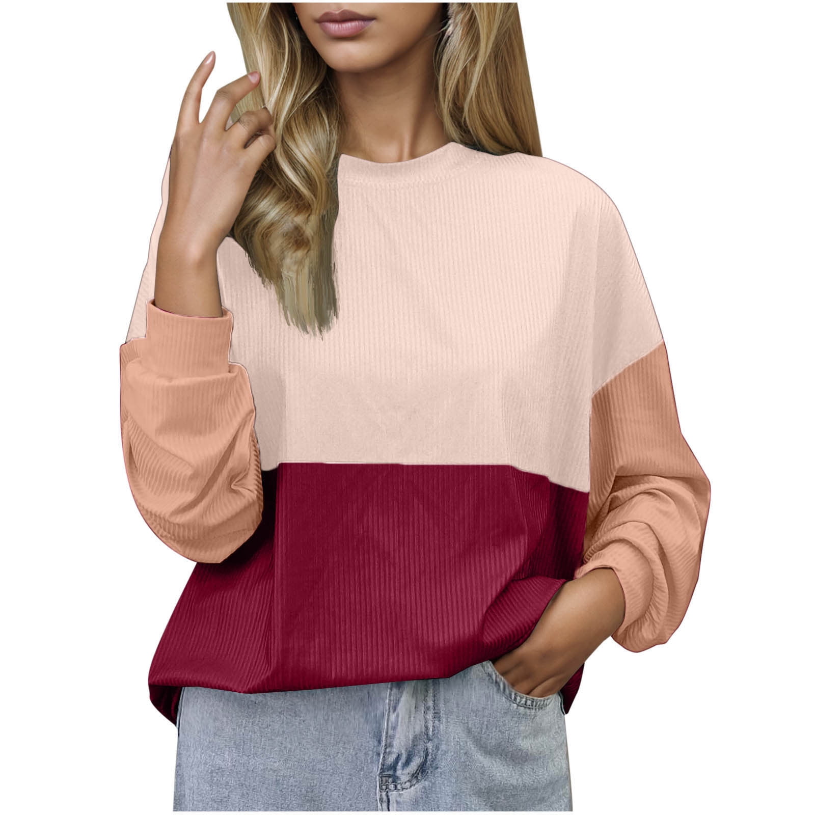 Srogem Women's Fashion 2024 Color Block Sweatshirts Long Sleeve ...