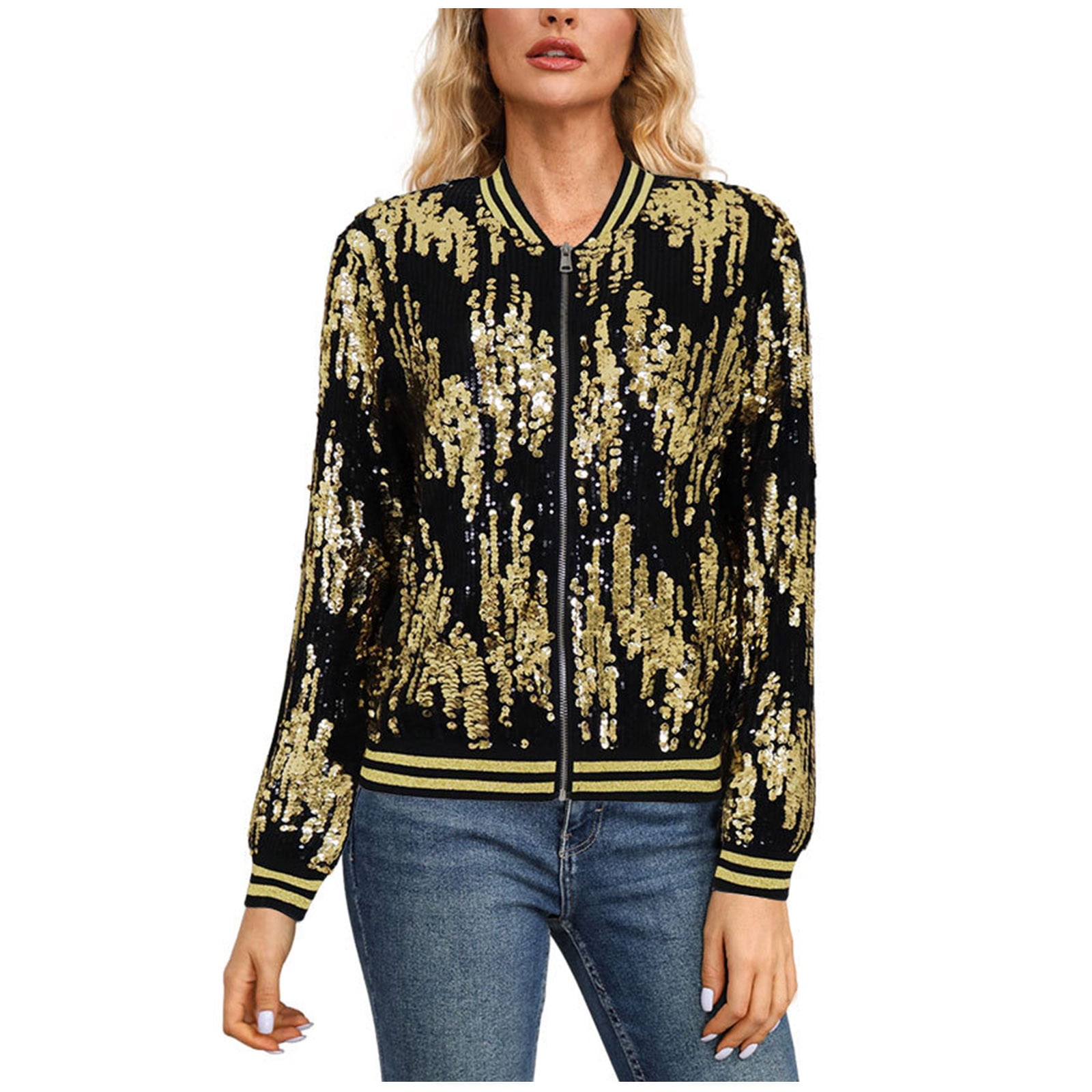 Srogem Women's Sequin Bomber Jackets Lightweight Sparkle Long Sleeve ...