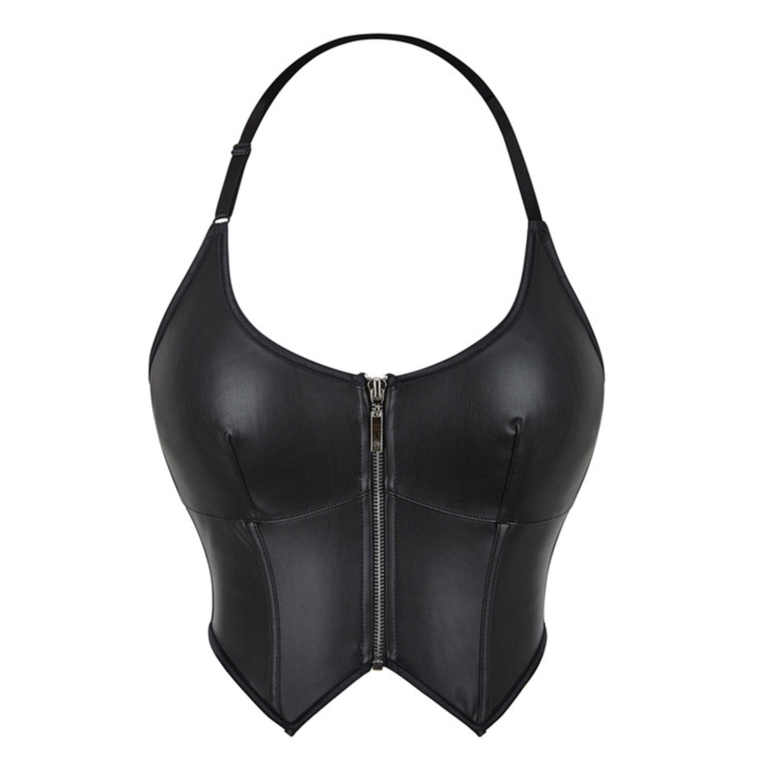 Srogem Womens Spaghetti Straps Pu Leather Bustier Crop Top Zipper