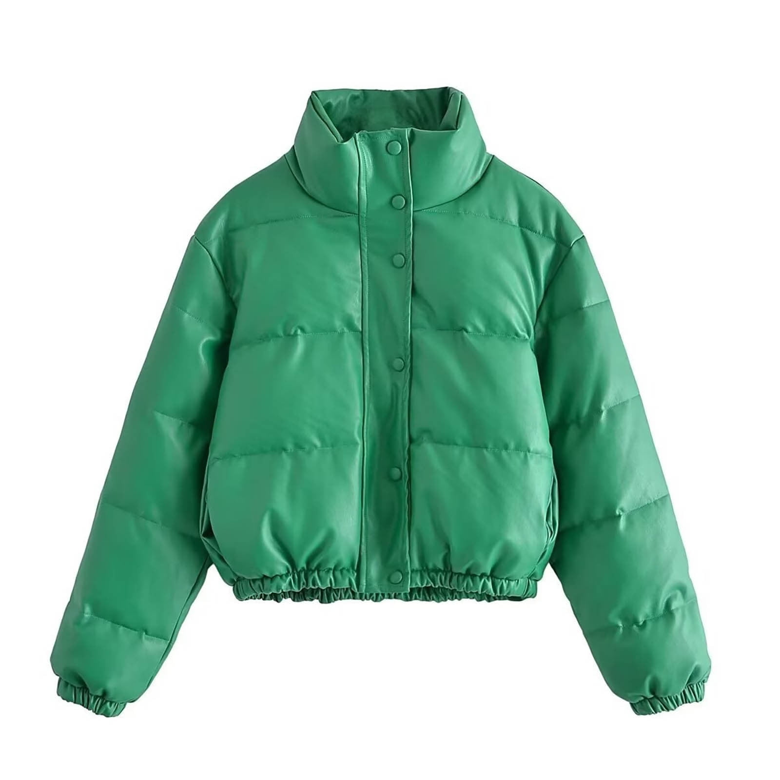Srogem Womens Cropped Puffer PU Jacket Mock Neck Winter Long Sleeve ...