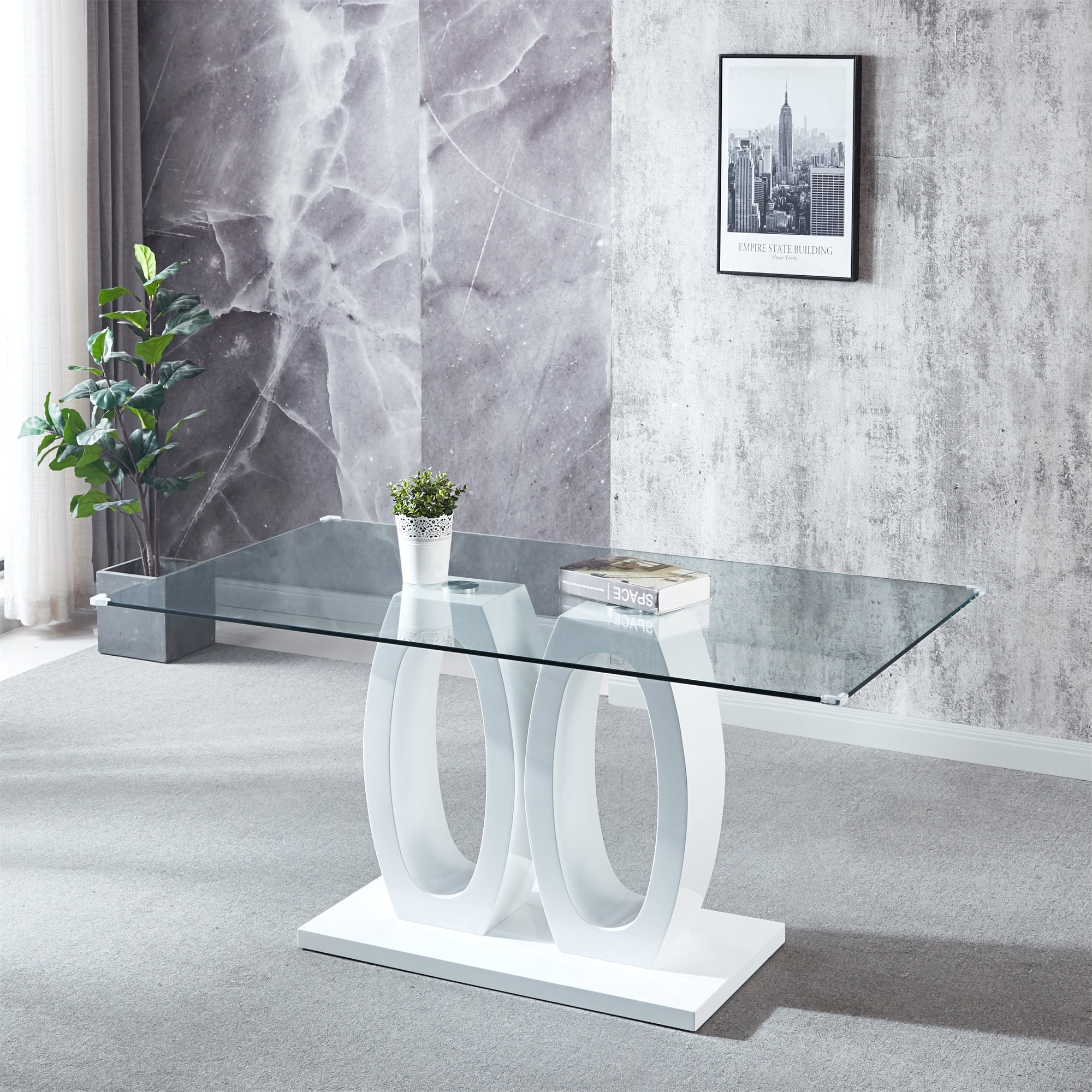 Ssline Double Pedestal Dining Table, Tempered Glass Top with MDF Base ...
