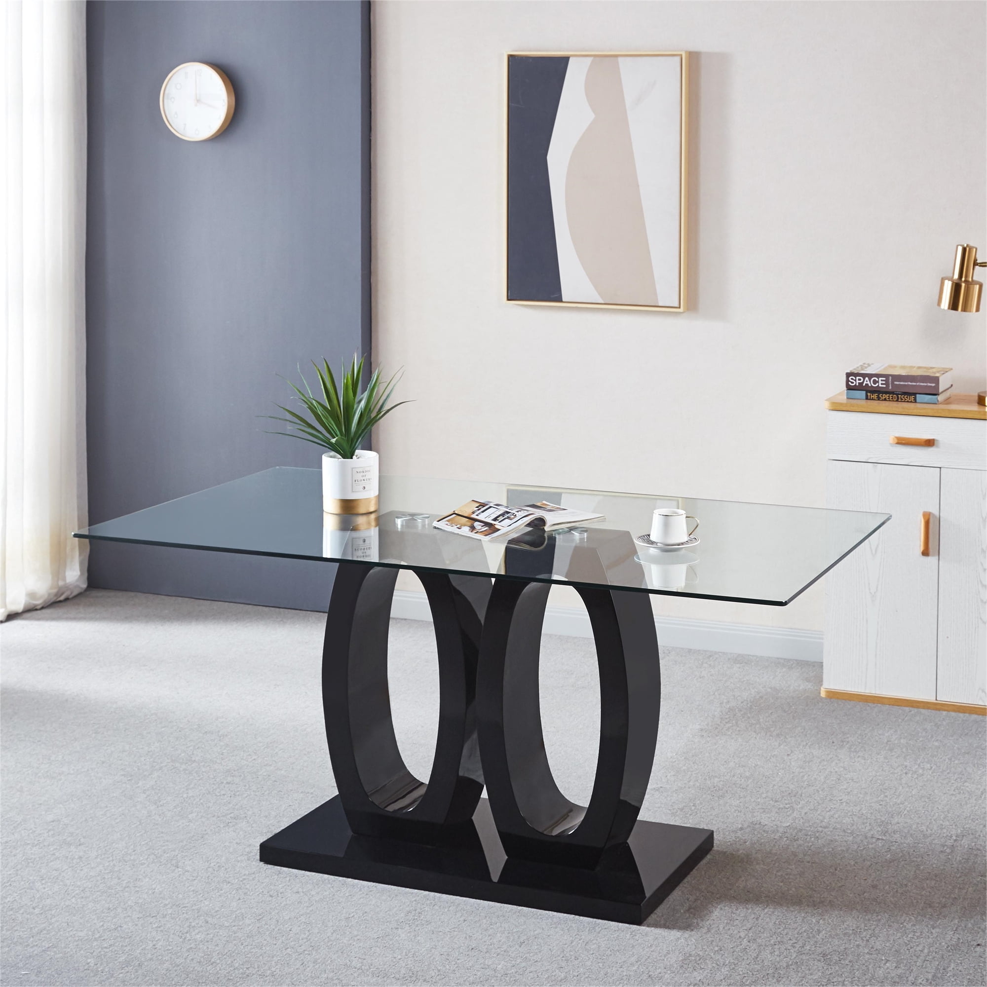 Ssline Double Pedestal Dining Table, Tempered Glass Top with MDF Base ...