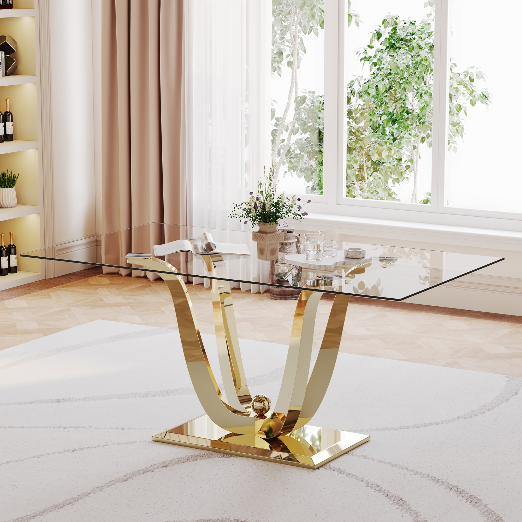 Ssline Rectangular Dining Table,Tempered Glass Top, Stainless Steel ...