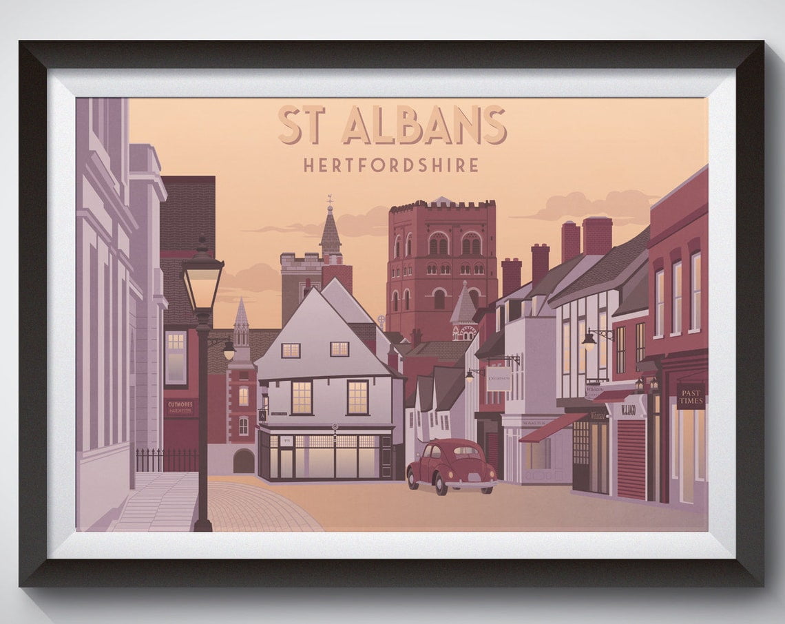 St Albans High Street Travel Poster, Hertfordshire Print, St Albans ...