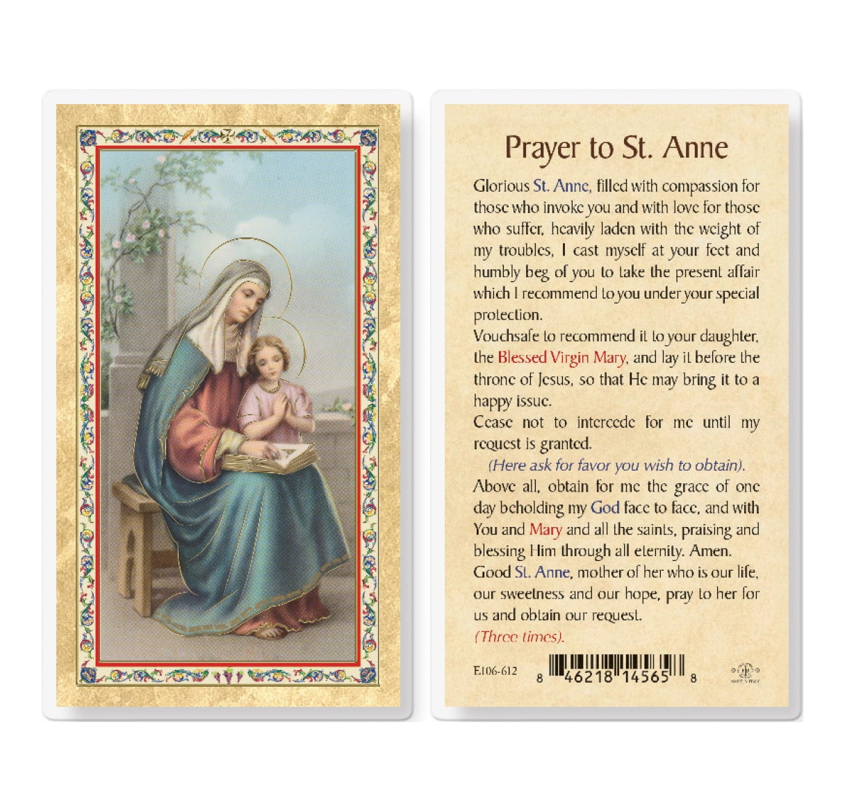 St. Anne - Prayer Obtain Favor Gold-Stamped Laminated Catholic Prayer ...