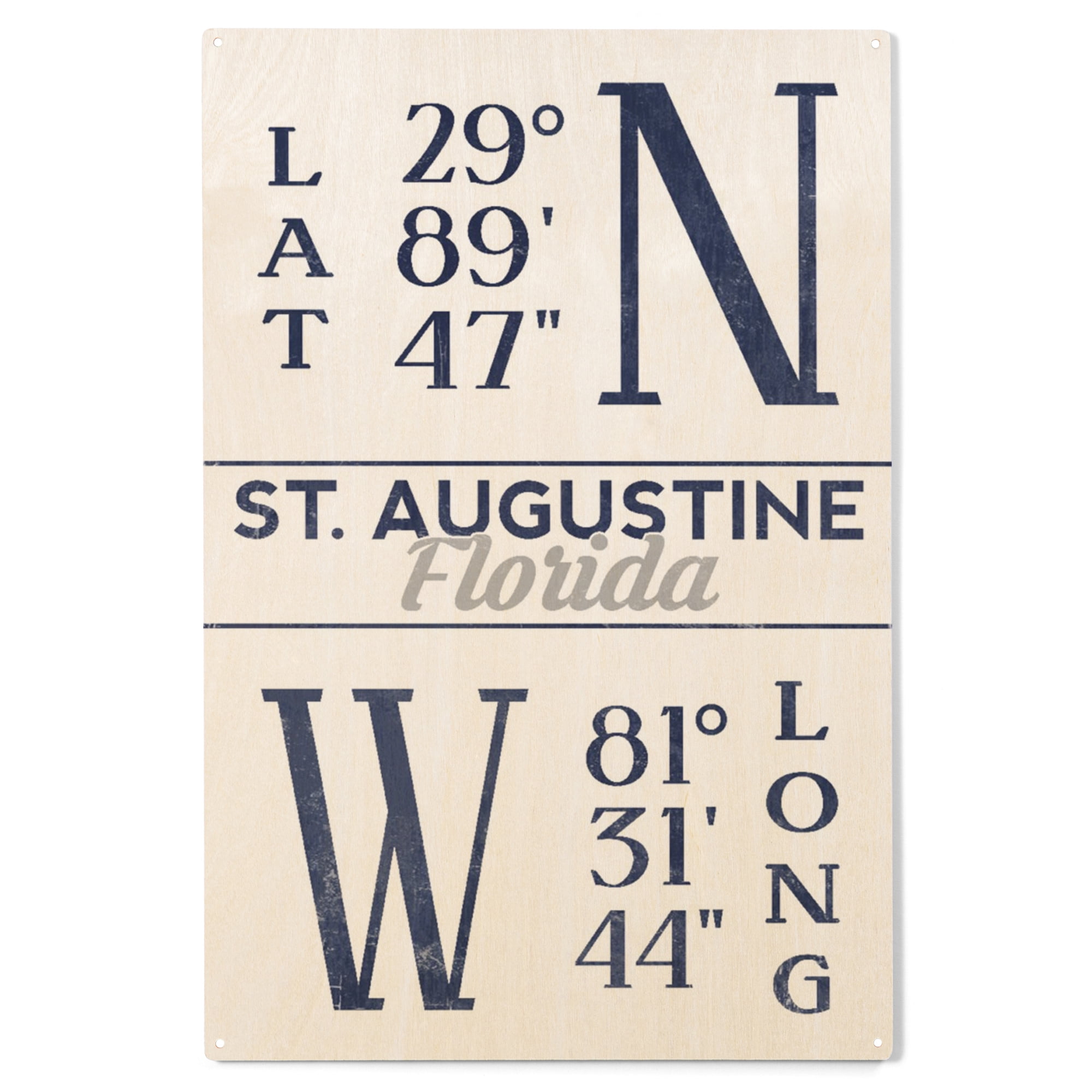 St. Augustine, Florida, Latitude and Longitude (Blue) Birch Wood Wall ...