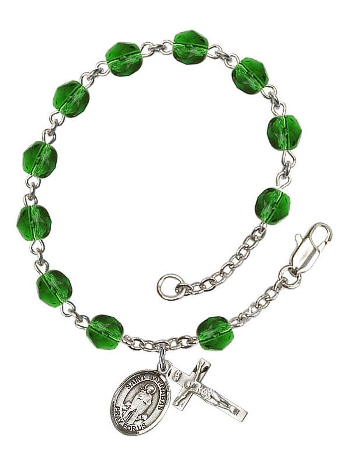 St. Barnabas Silver Plate Rosary Bracelet 6mm May Green Fire Polished ...