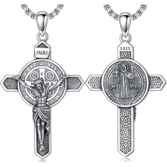 St Benedict Crucifix Necklace for Men Sterling Silver Saint Benedict ...